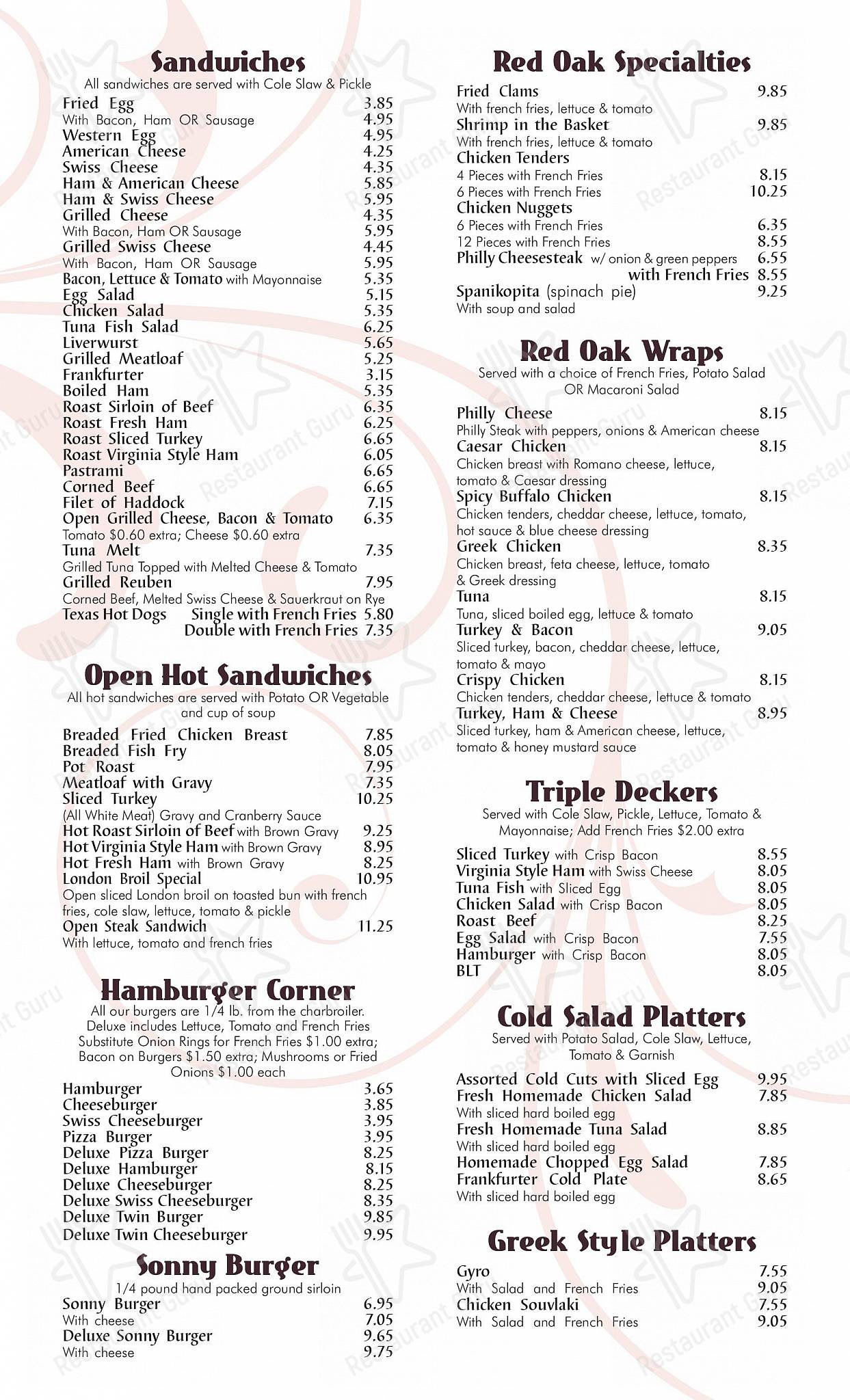 Menu at Red Oak restaurant, Binghamton