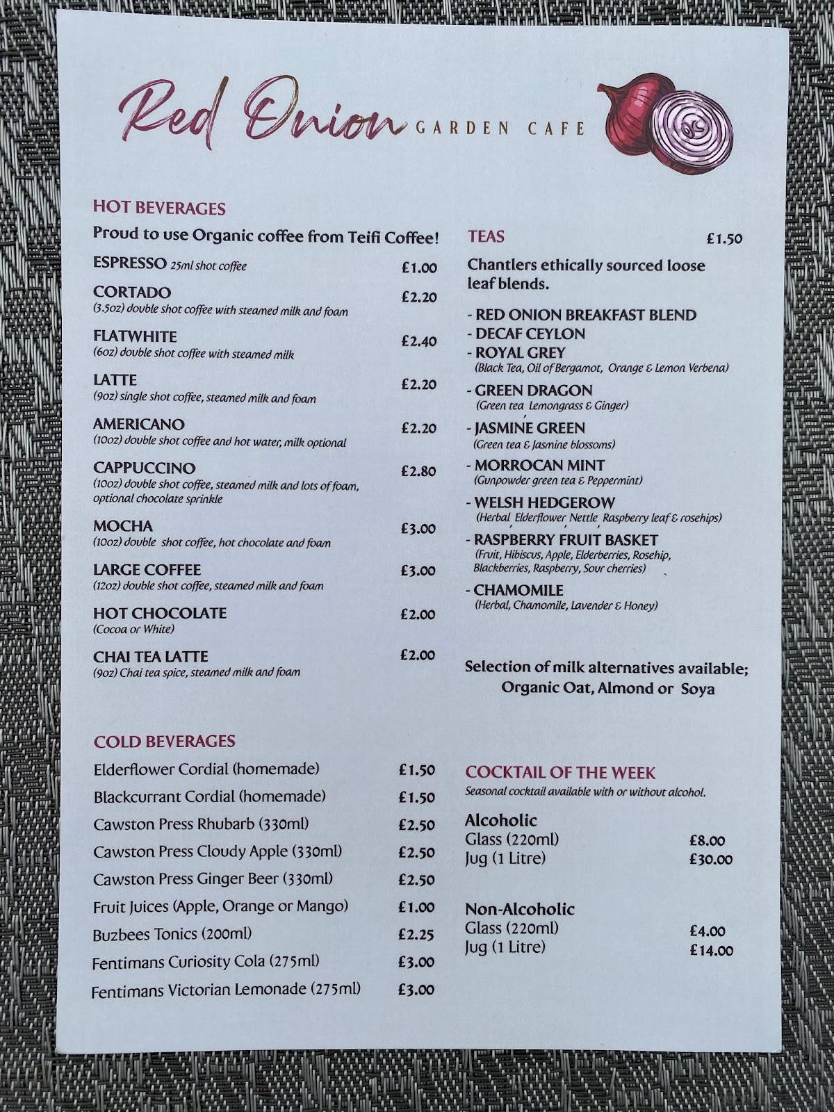 Carta de Red Onion Garden Cafe, Fishguard, Glasfryn Farm