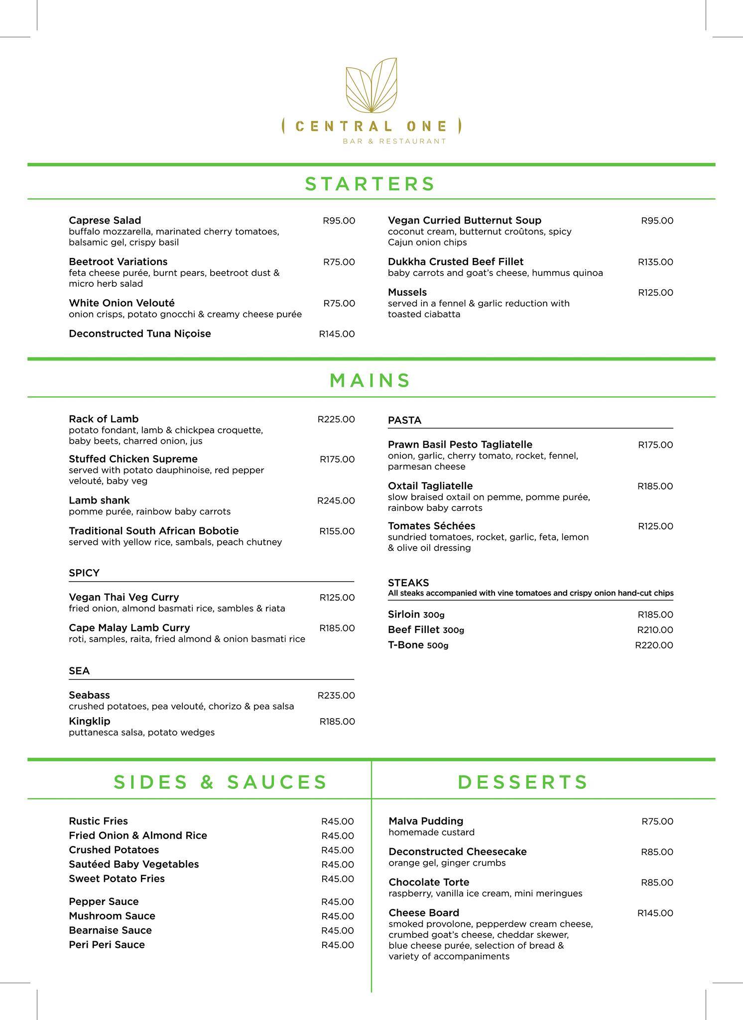 Menu at Central One Bar & Restaurant, Sandton