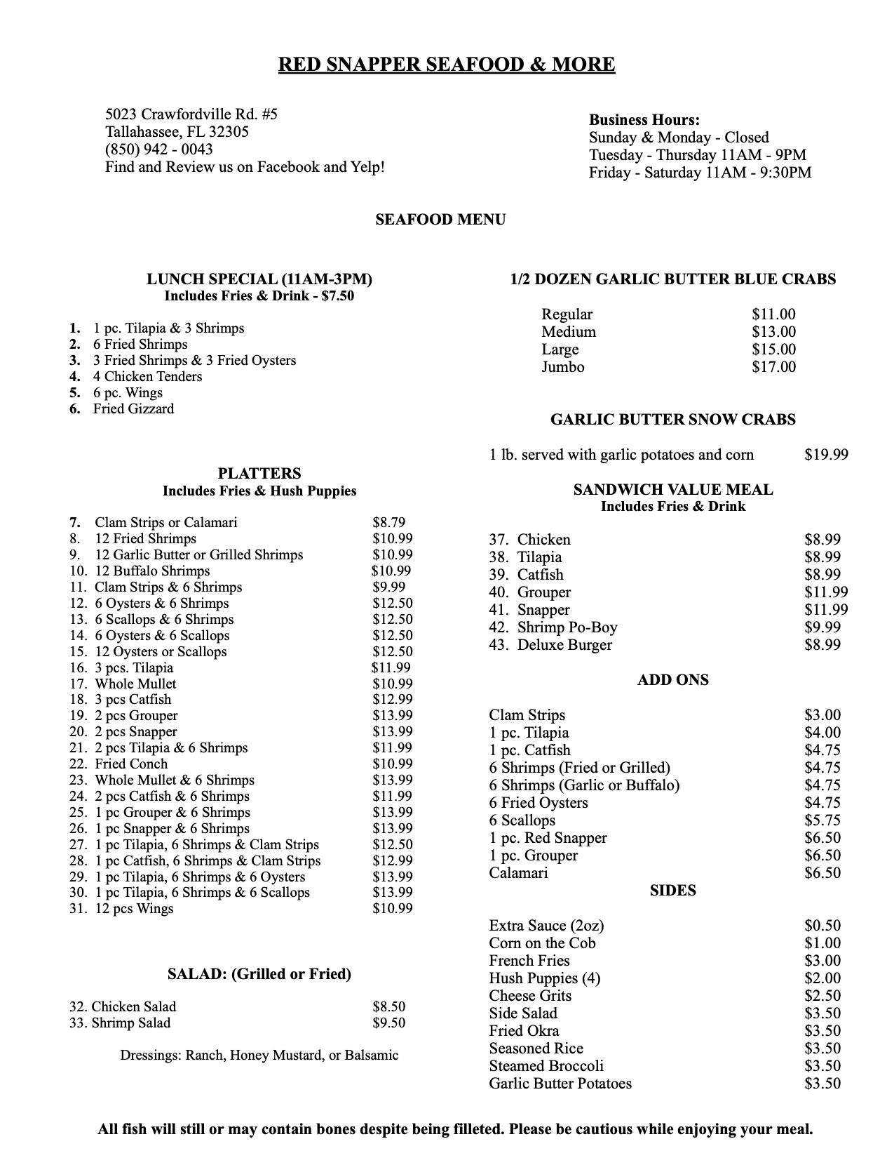Menu at Red Snapper restaurant, Tallahassee, Crawfordville Rd # 5