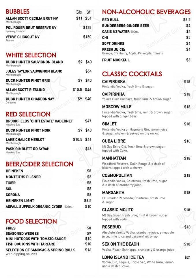 Menu at Red Square Bar, Wellington, 26 Blair St