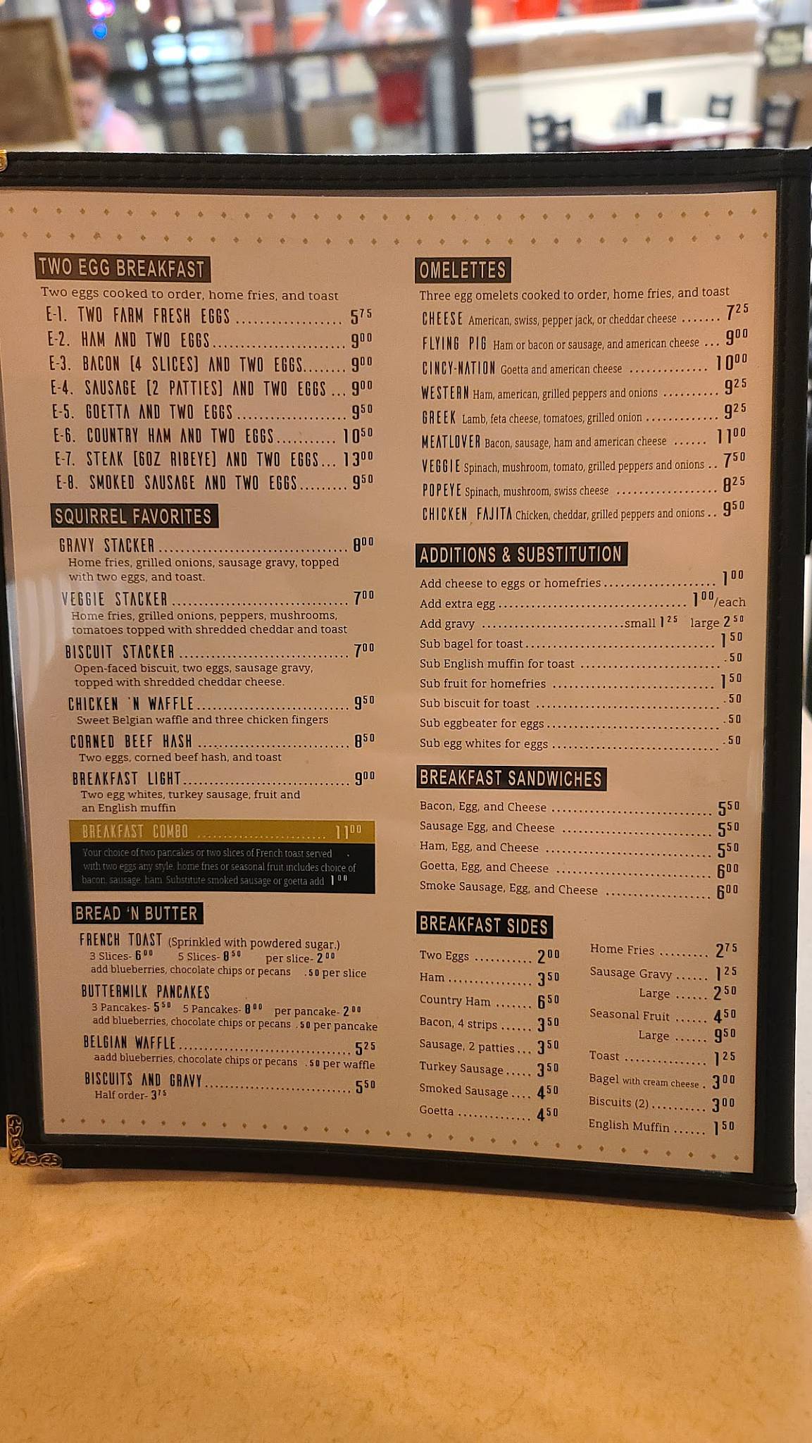 Menu at Red Squirrel restaurant, Cincinnati, Colerain Ave
