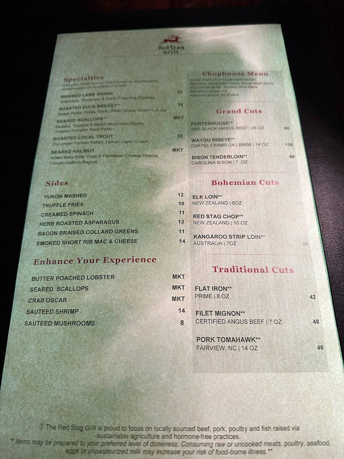 Menu at Red Stag Grill restaurant, Asheville