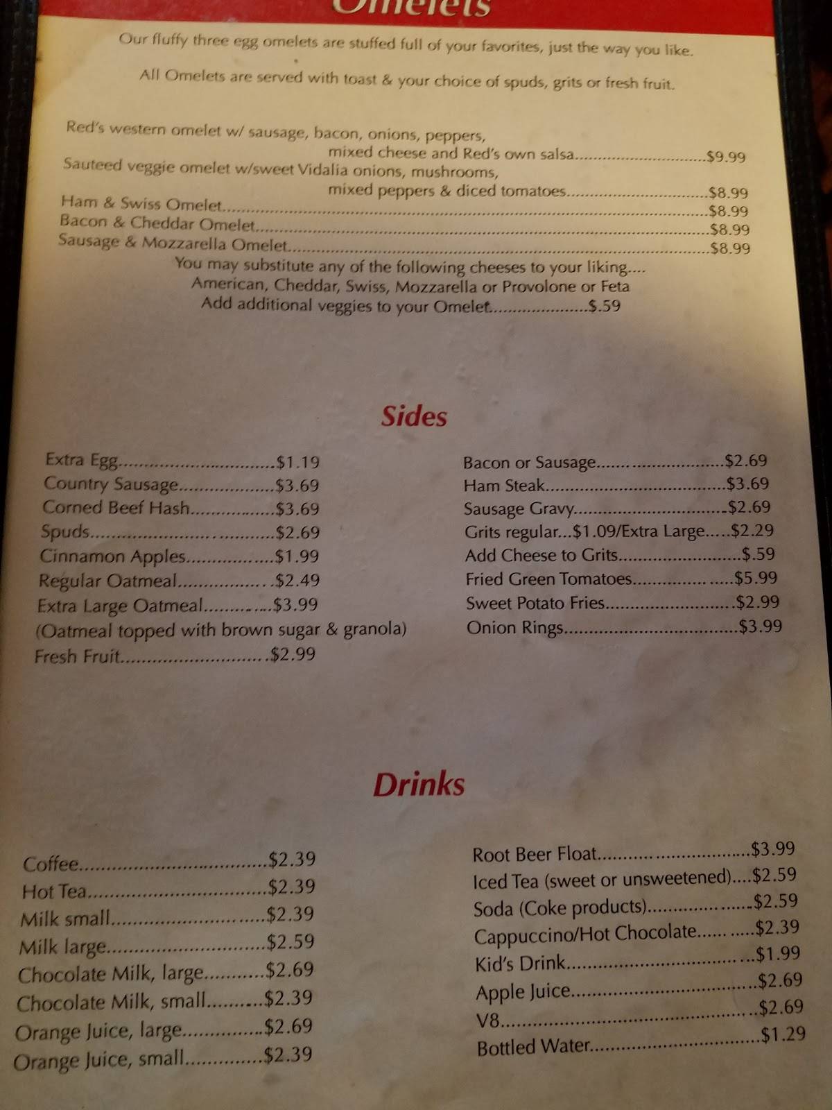 Menu at Red's Restaurant, Hernando