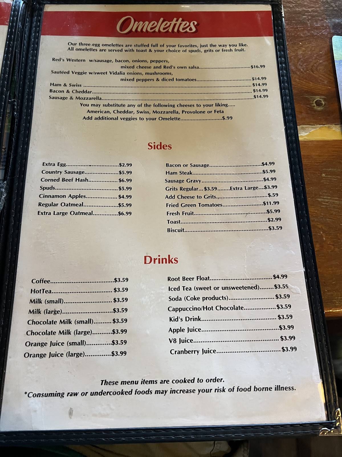 Menu at Red's Restaurant, Hernando