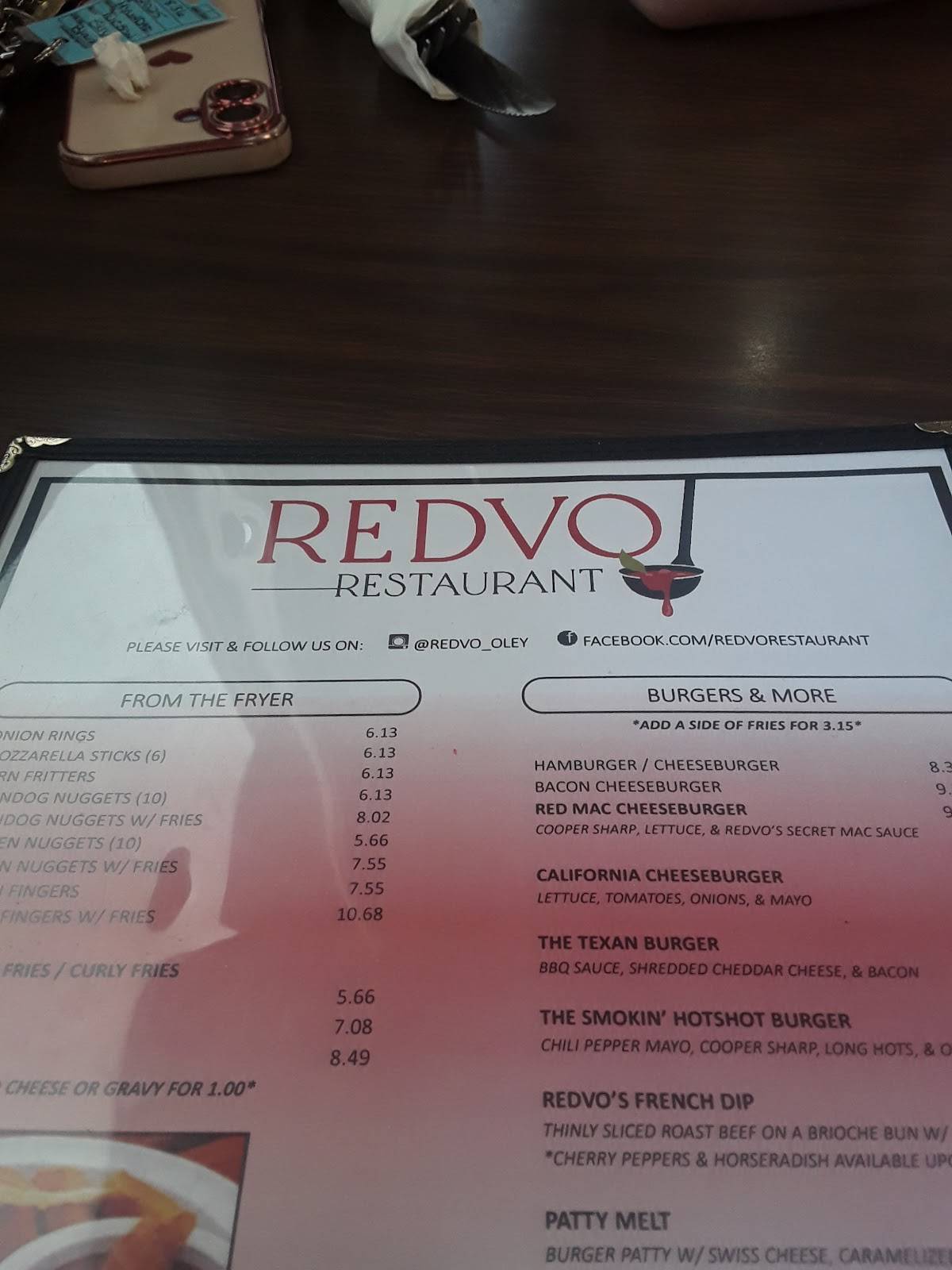 Menu at Redvo Restaurant, Oley