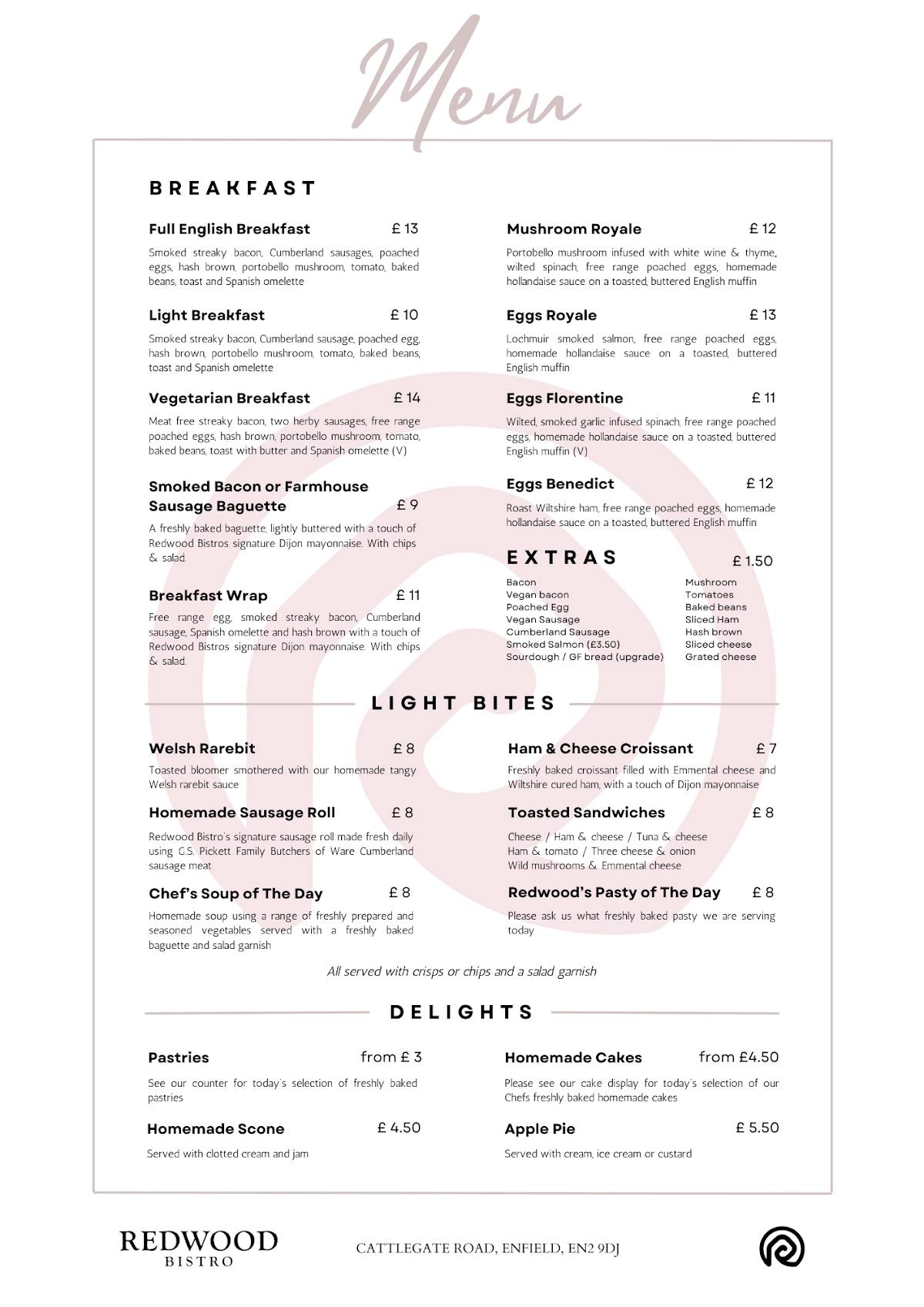 Menu at Redwood Bistro restaurant, Enfield