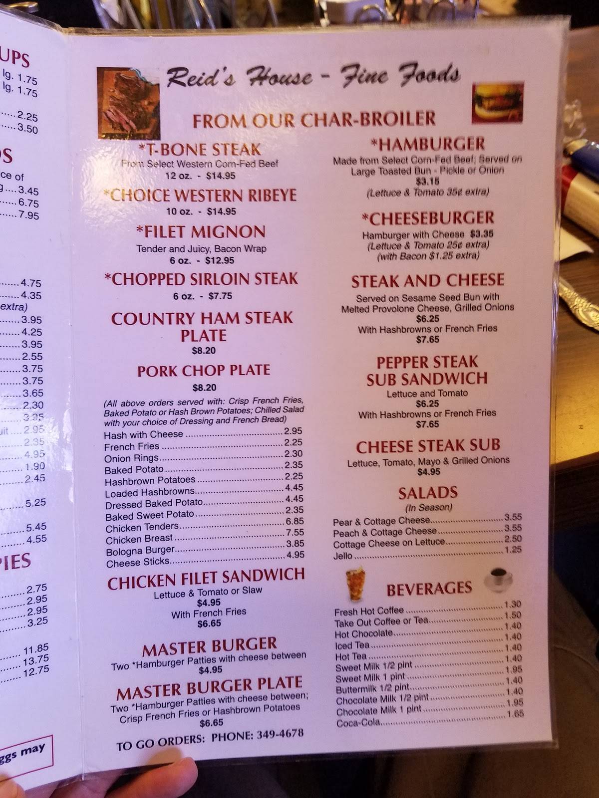 Menu at Reid's House Restaurant, Reidsville