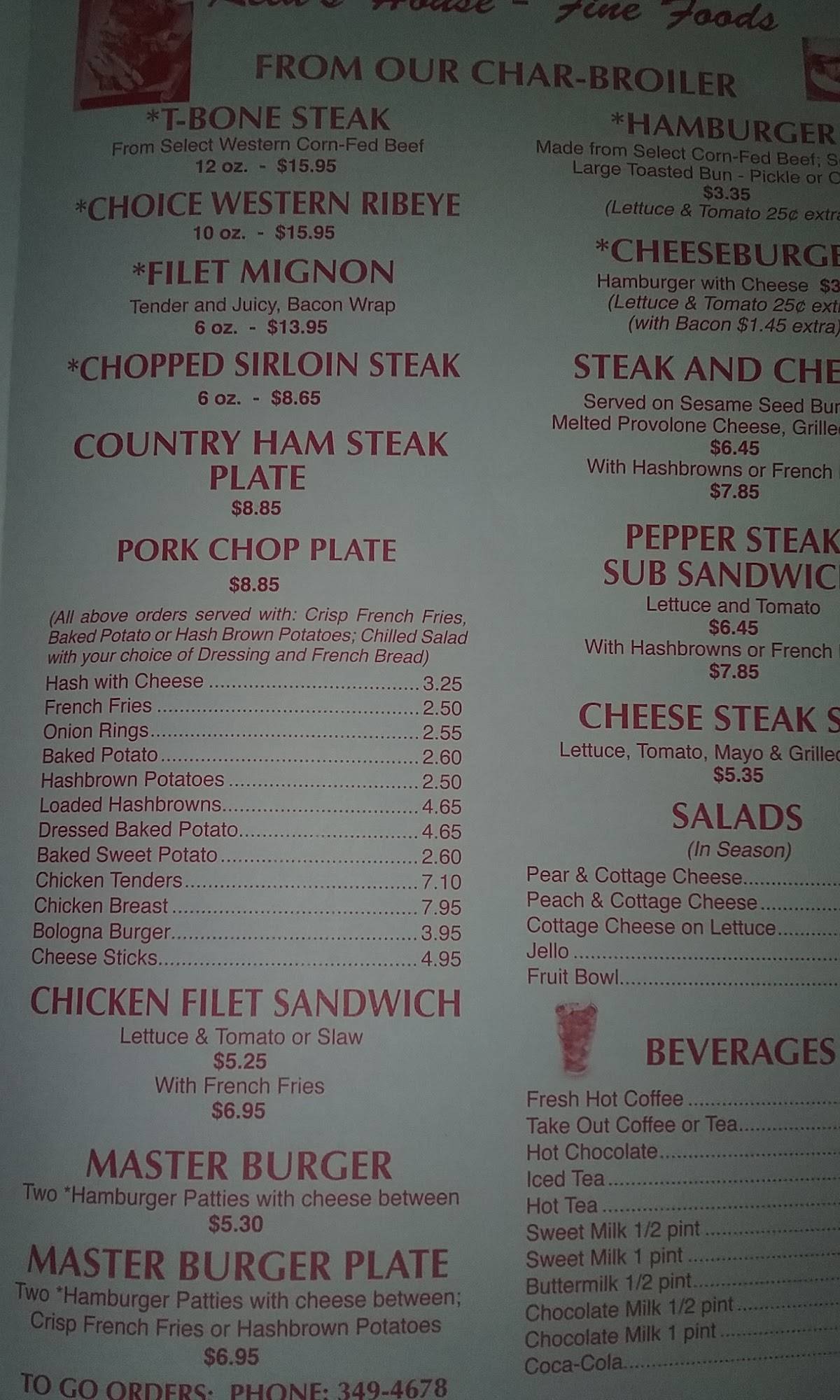 Menu at Reid's House Restaurant, Reidsville