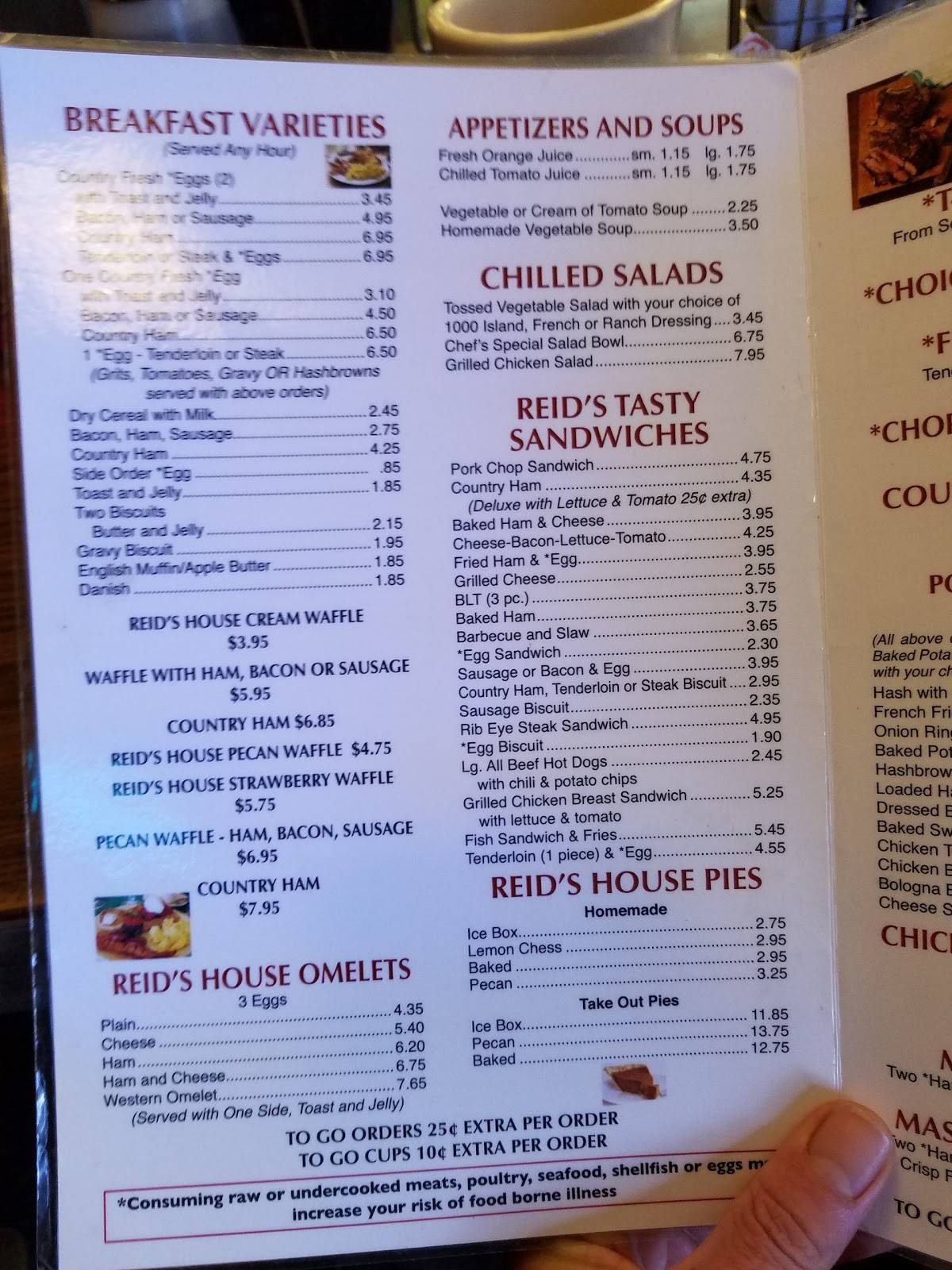 Menu at Reid's House Restaurant, Reidsville