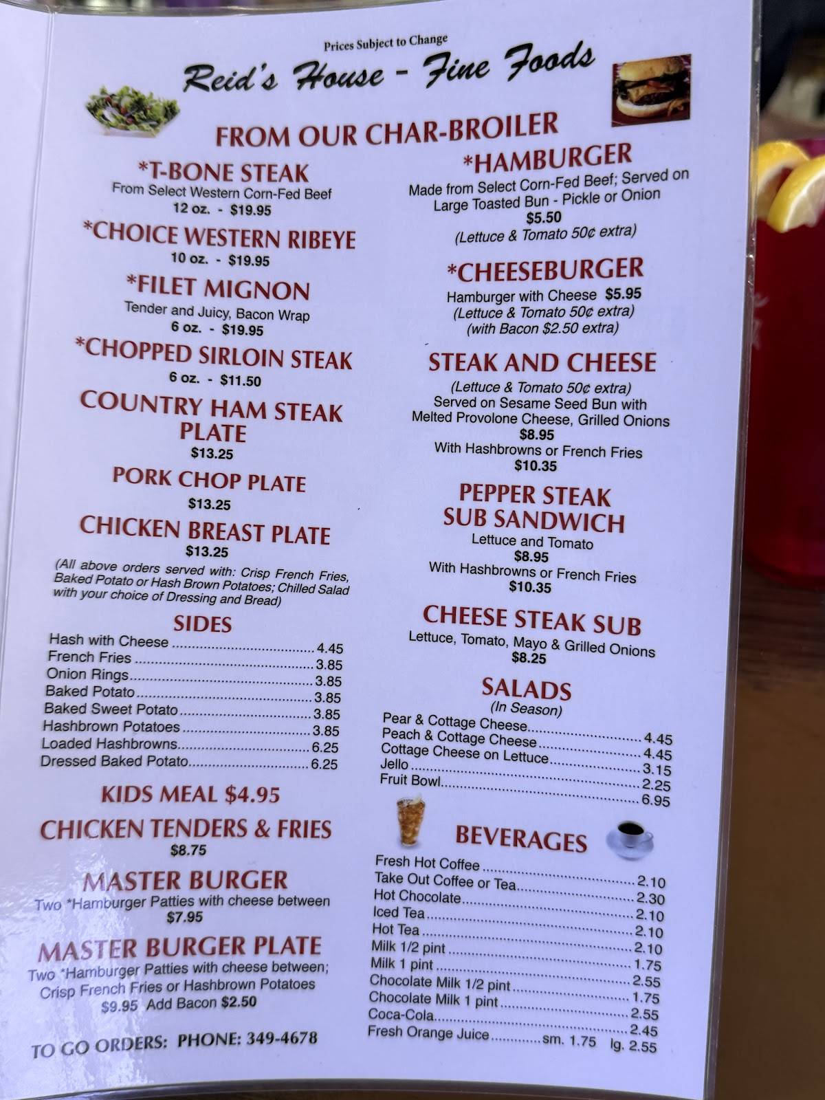 Menu at Reid's House Restaurant, Reidsville