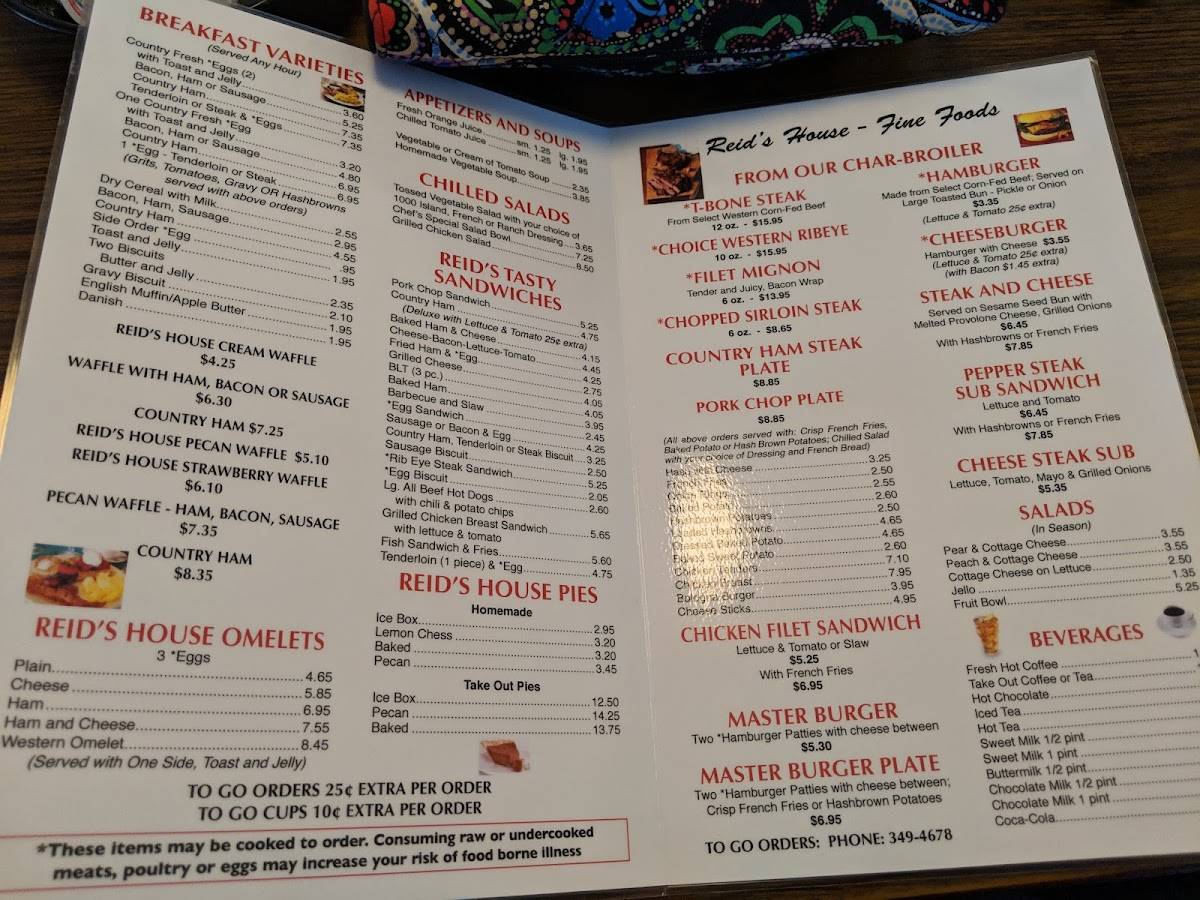 Menu at Reid's House Restaurant, Reidsville