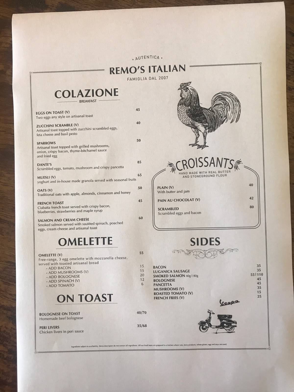 Menu at Remo's Italian restaurant, Port Elizabeth