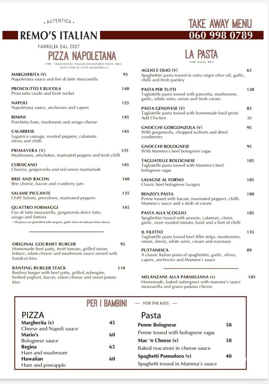 Menu at Remo's Italian restaurant, Port Elizabeth