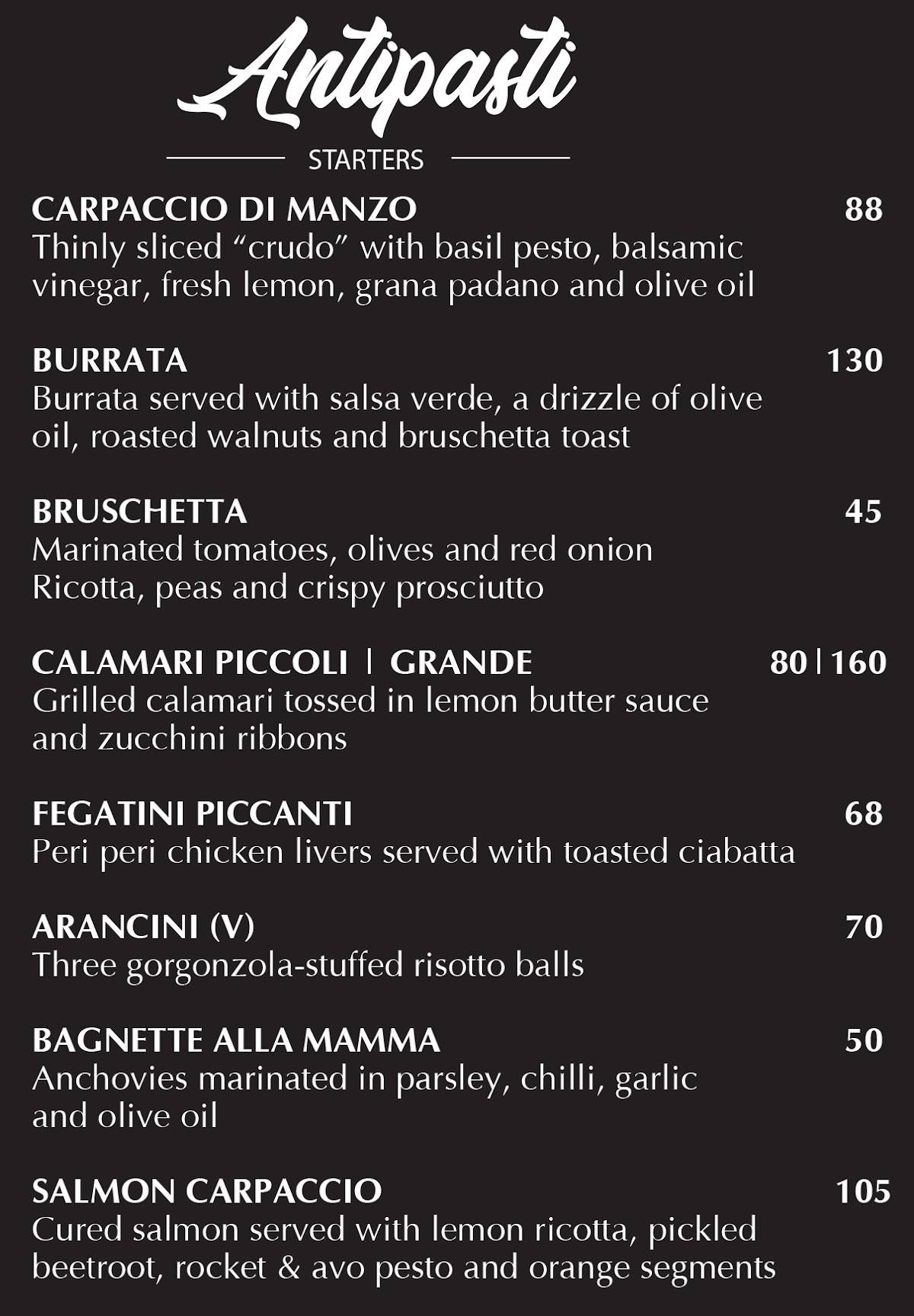 Menu at Remo's Italian restaurant, Port Elizabeth
