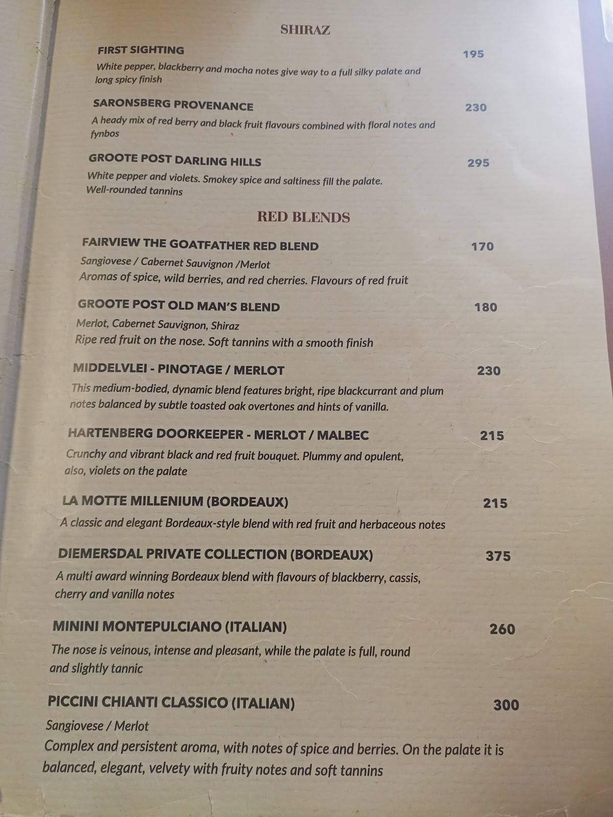 Menu at Remo's Italian restaurant, Port Elizabeth