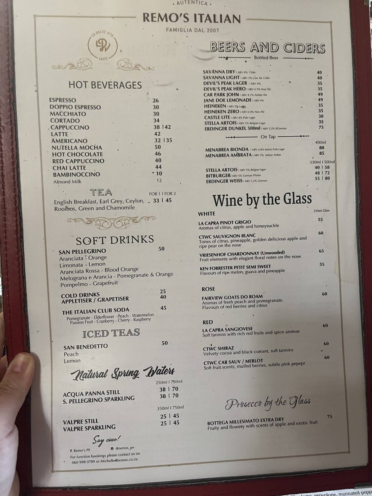 Menu at Remo's Italian restaurant, Port Elizabeth