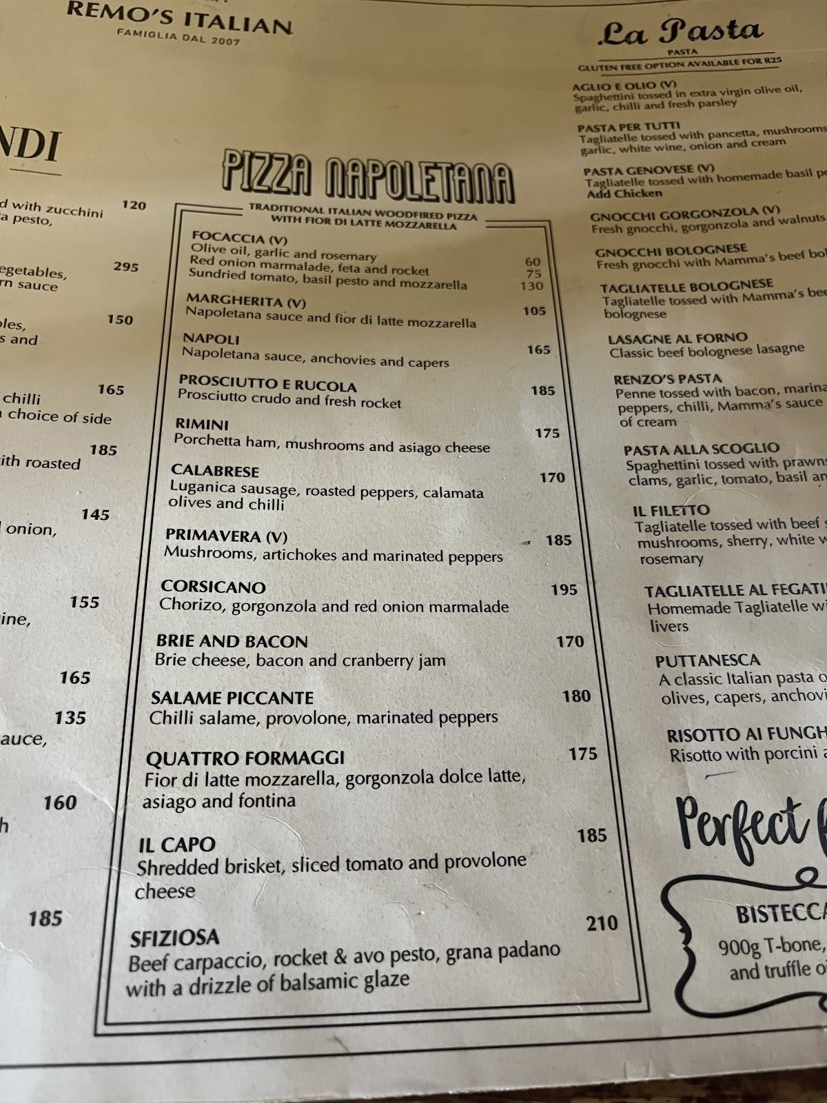 Menu at Remo's Italian restaurant, Port Elizabeth