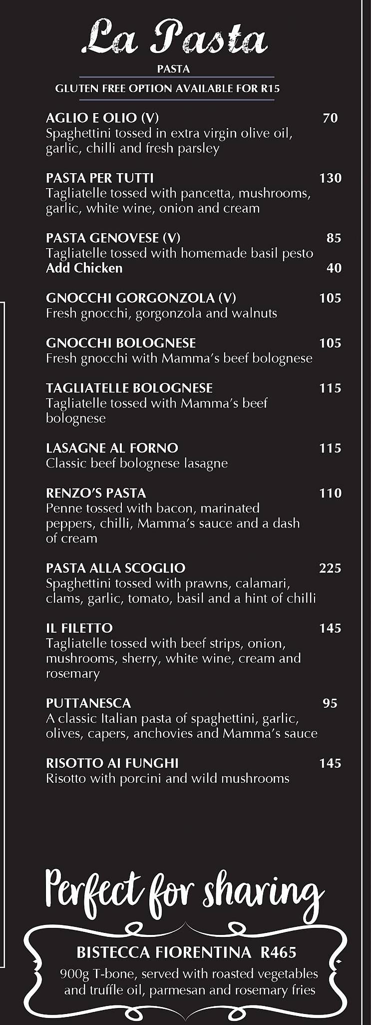 Menu at Remo's Italian restaurant, Port Elizabeth