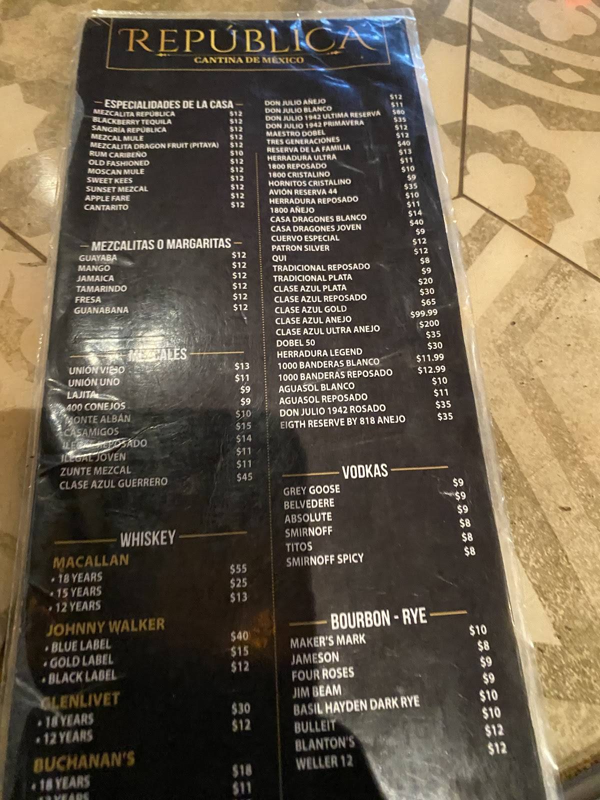 Menu at República cantina de México restaurant, Laredo