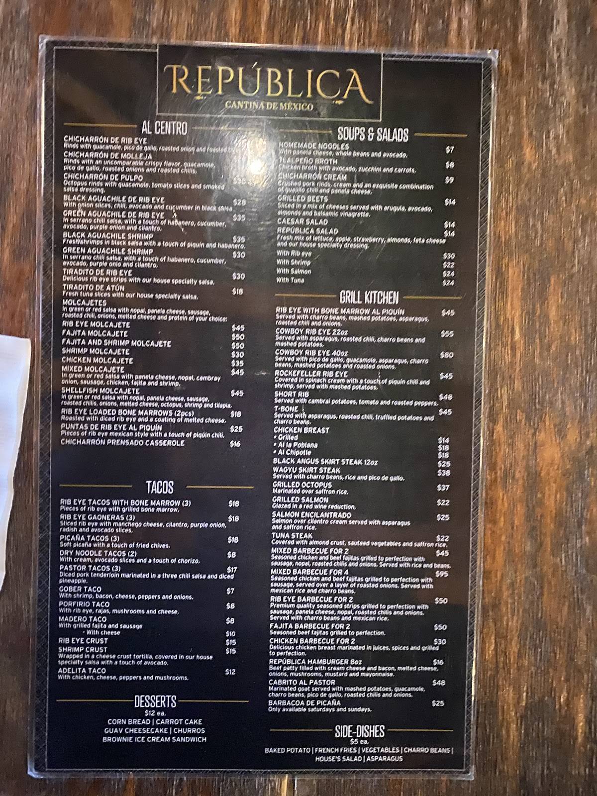 Menu at República cantina de México restaurant, Laredo