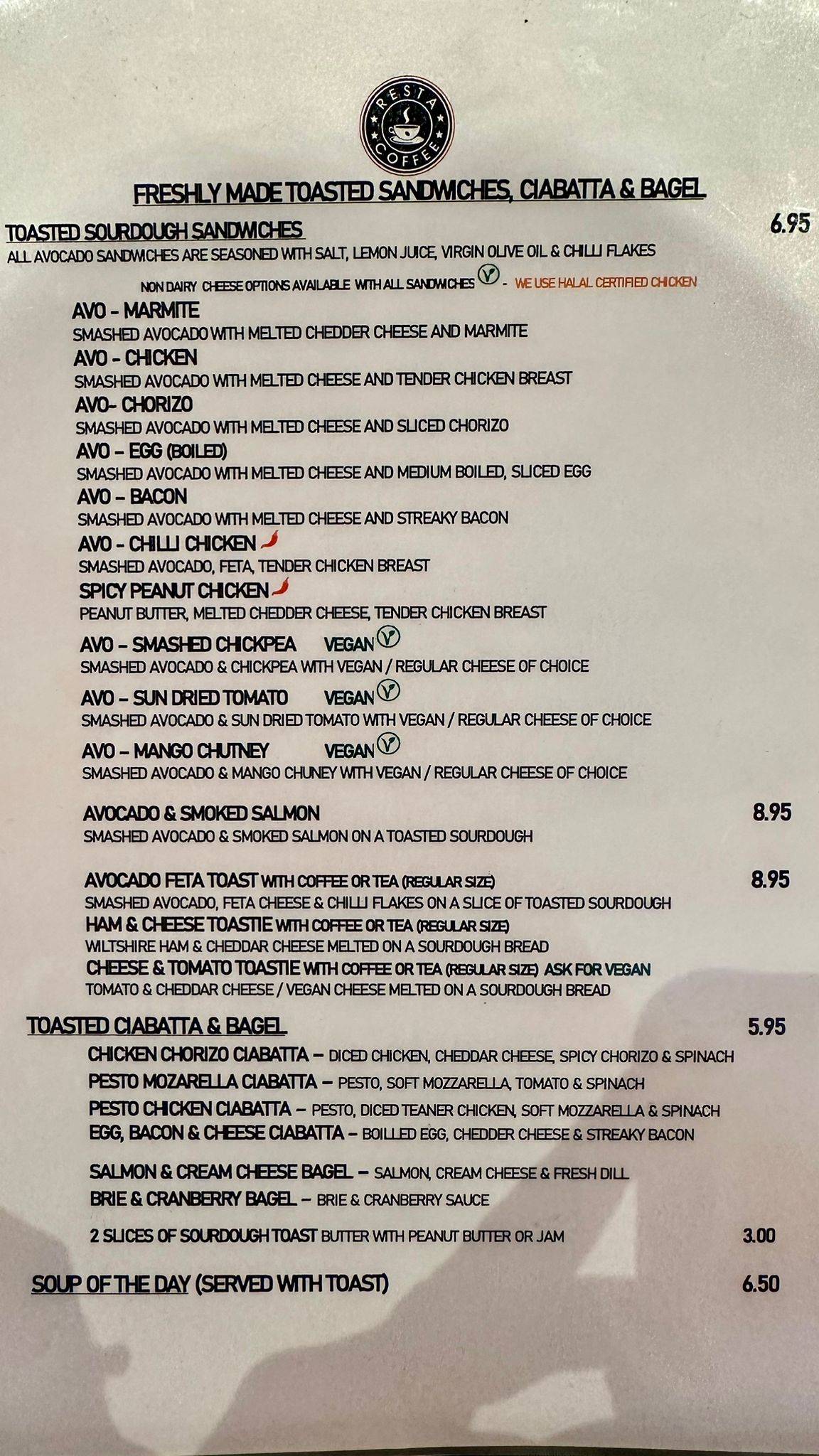 Menu at Resta coffee cafe, London, 83 Lewisham High St