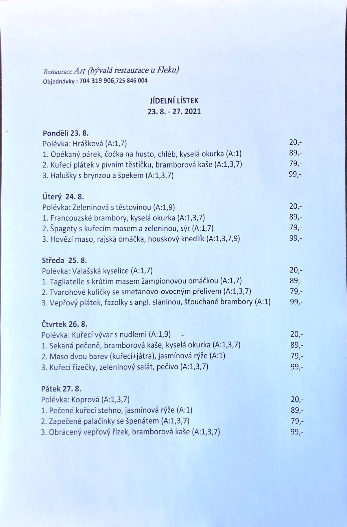 Menu at Restaurace Art restaurant, Ostrava