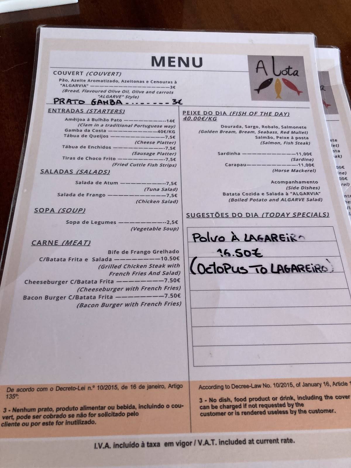 Menu em Restaurant A Lota, Armação de Pêra