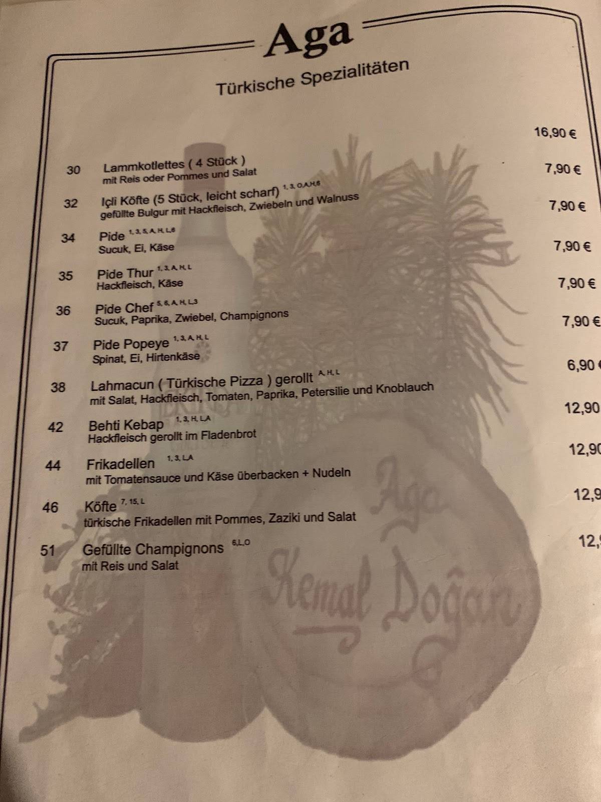 Speisekarte von Restaurant Aga, Weißenthurm