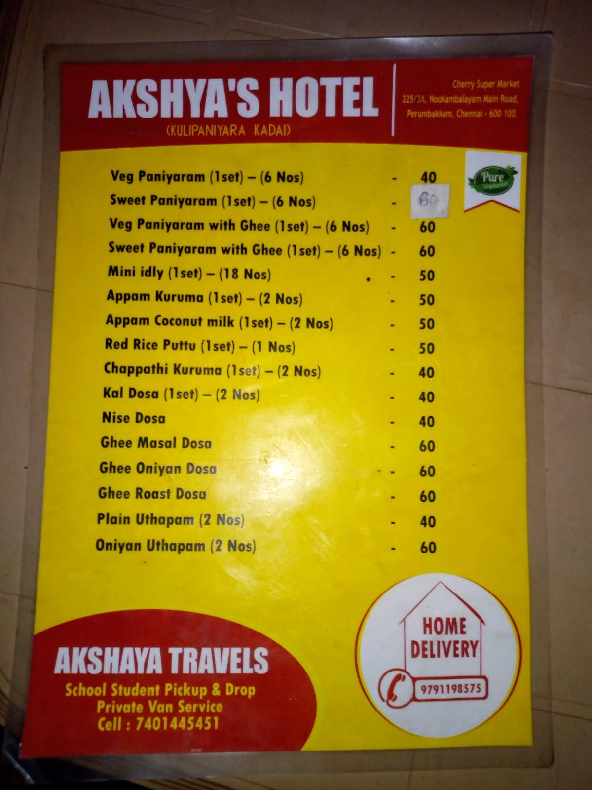 Menu at Akshaya's Hotel Kuzhippaniyara Kadai, Chennai