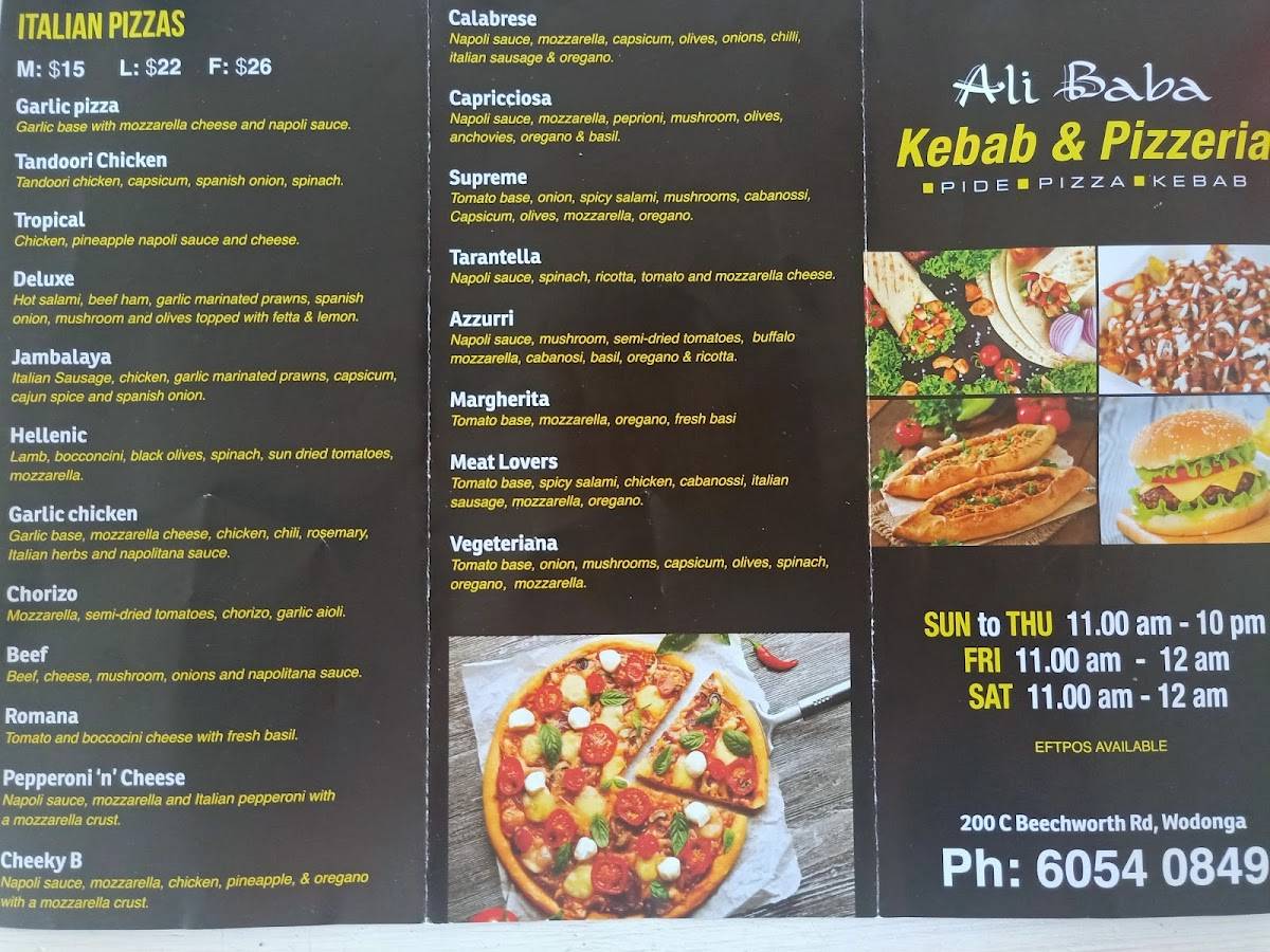 Menu at Ali Baba Kebab & Pizzeria, Wodonga