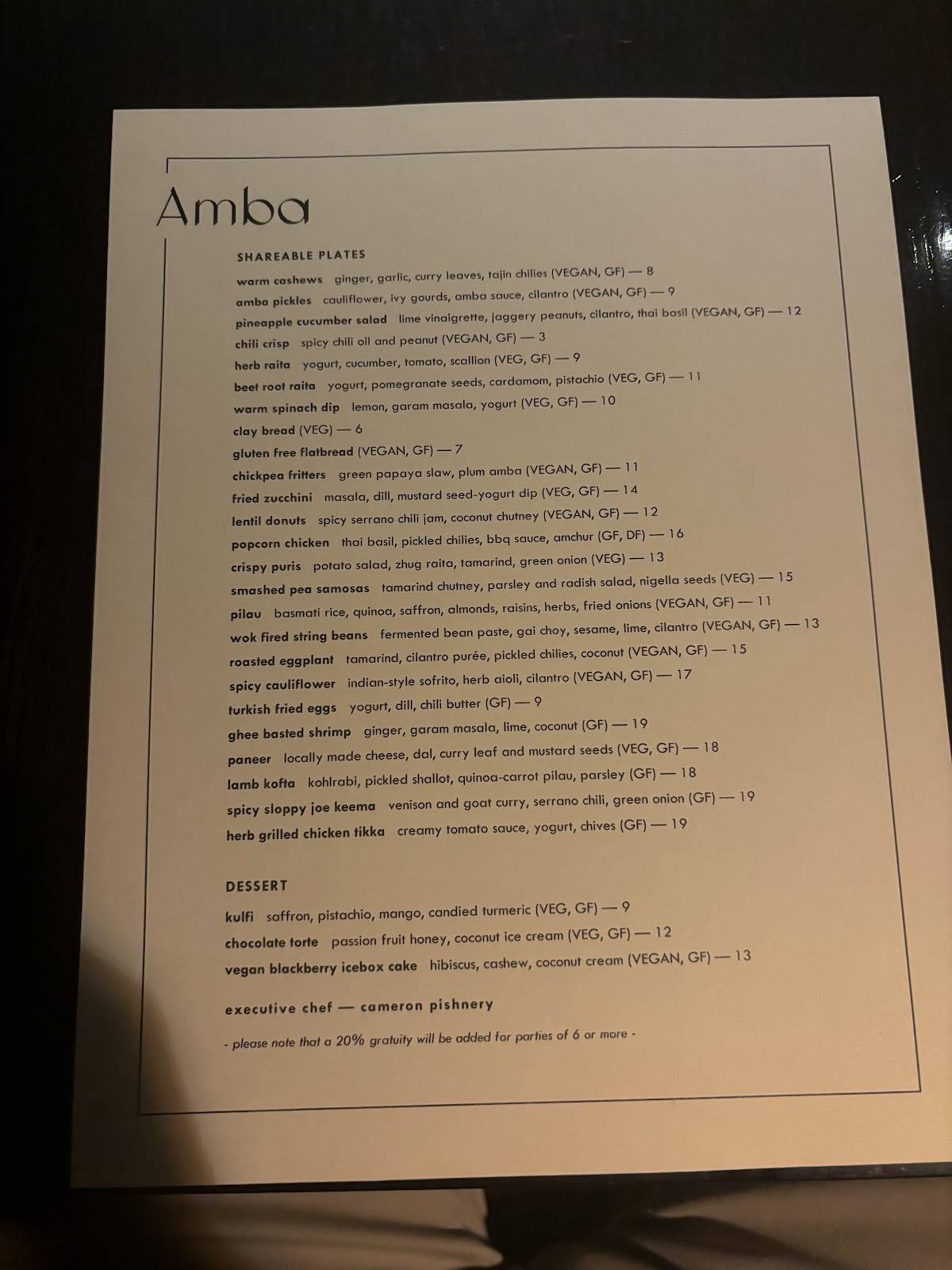 Menu at Amba restaurant, Cleveland