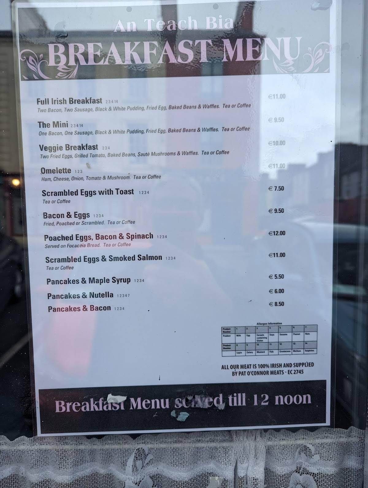 Menu at An Teach Bia restaurant, Ennistimon, Main St