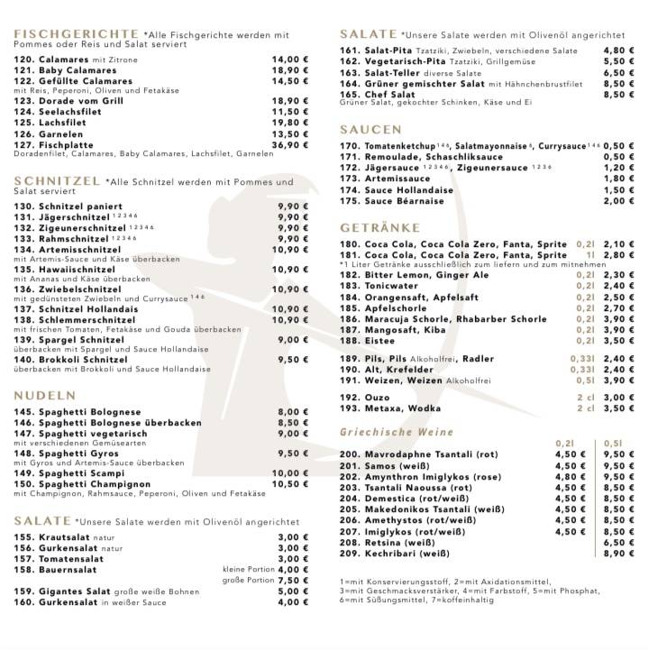 Menu at Restaurant Artemis, Wuppertal