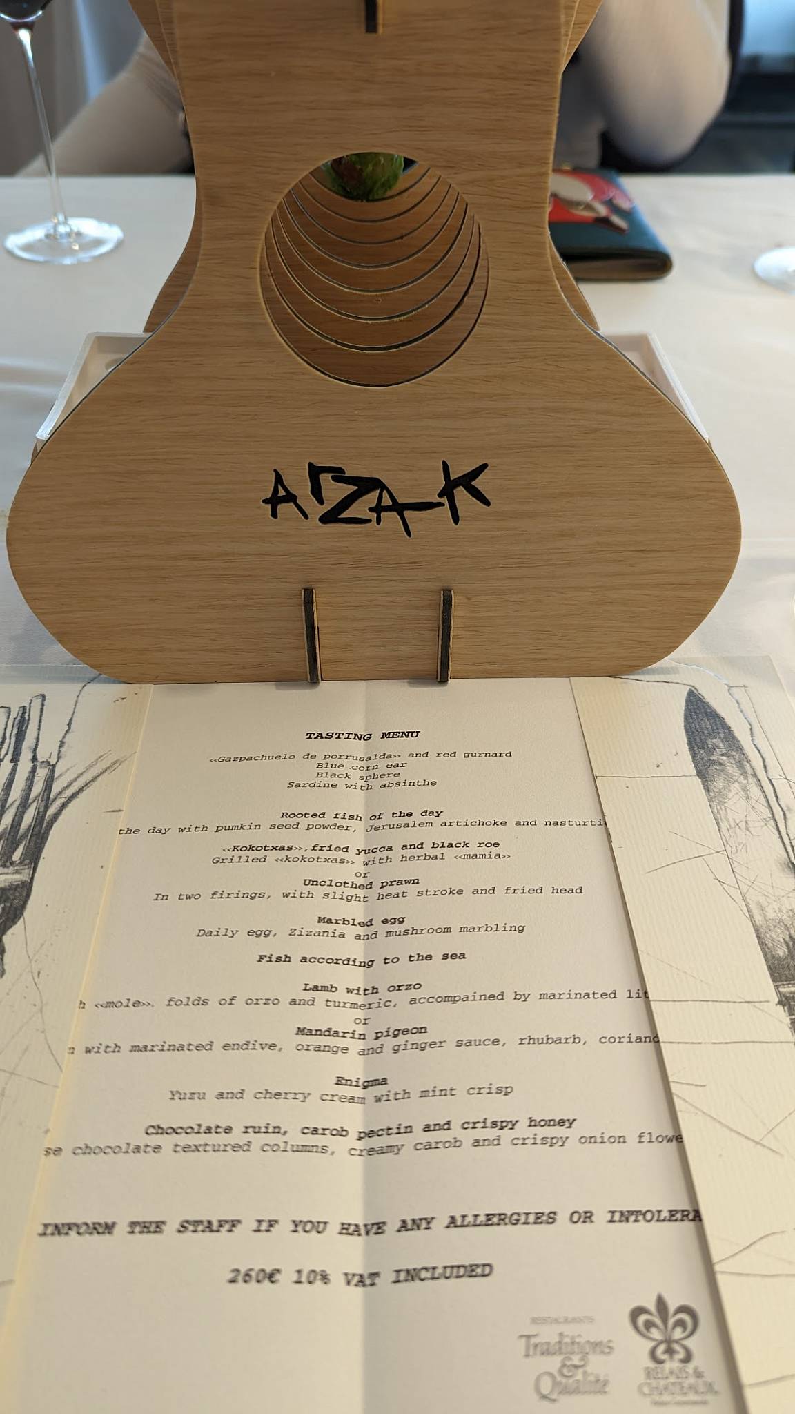 Menu at Arzak restaurant, San Sebastián, Alcalde J. Elosegi Hiribidea