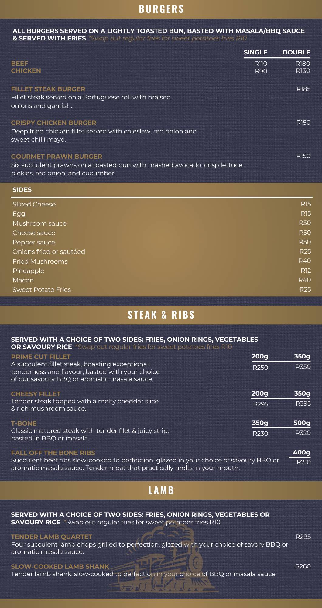 Menu at Atlantic Express Train Restaurant, Cape Town