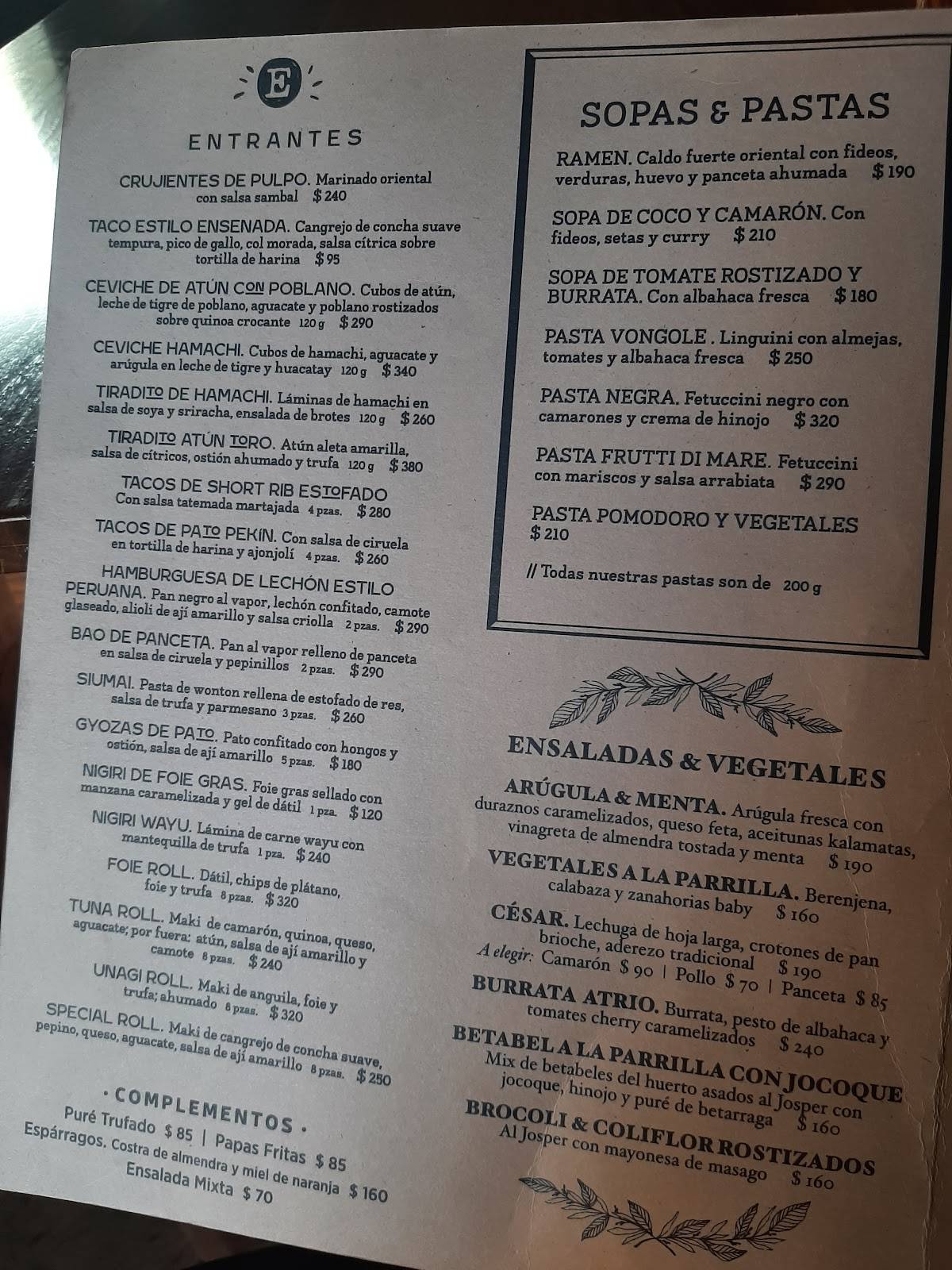 Menu at Atrio Restaurant, San Miguel de Allende