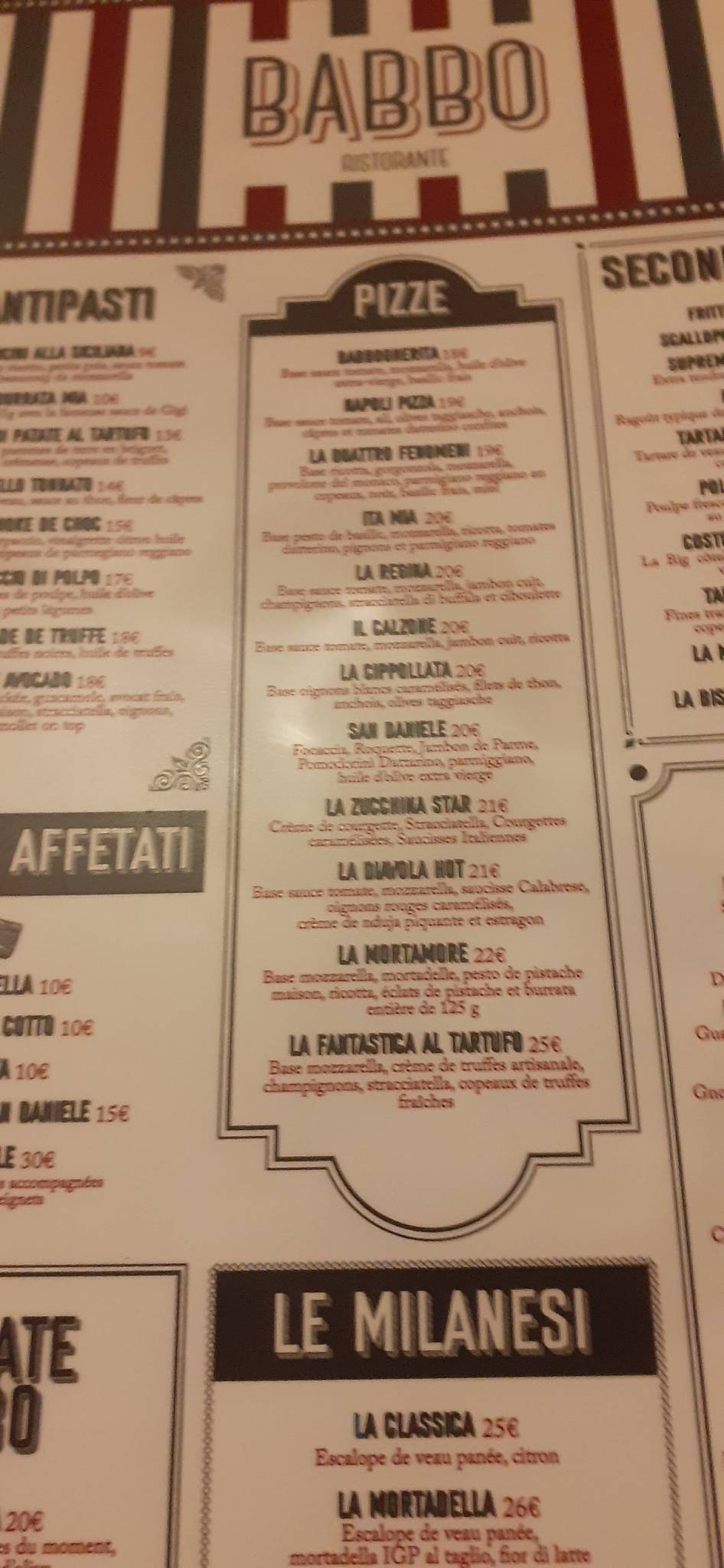 Menu au Babbo ristorante restaurant, Marseille