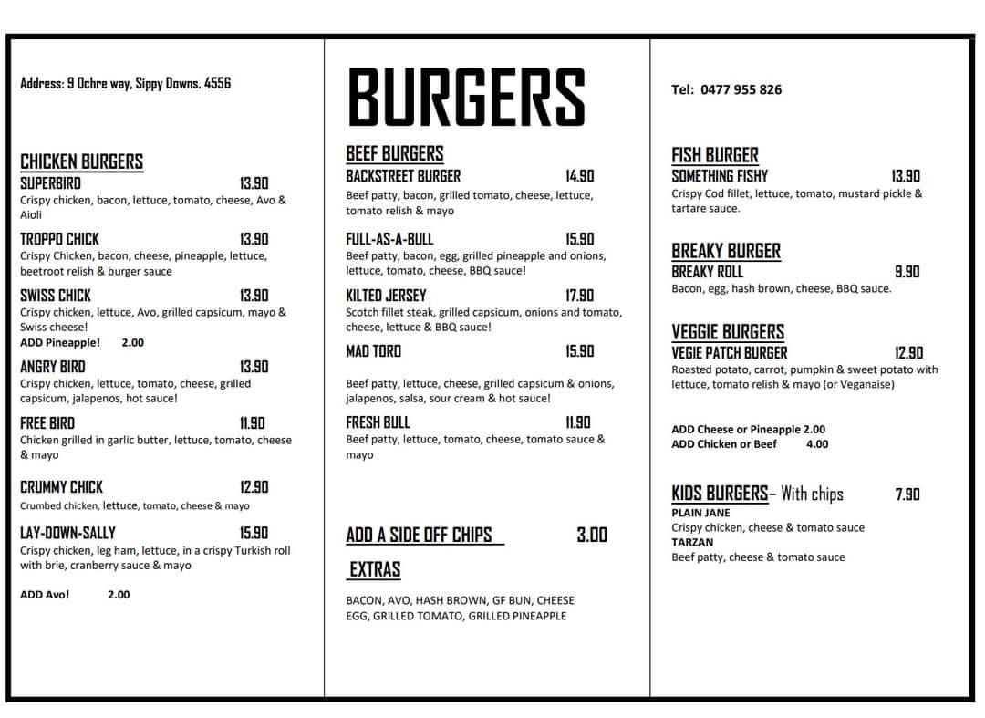 Menu at Backstreet Burgers and Esspresso Bar, Sippy Downs