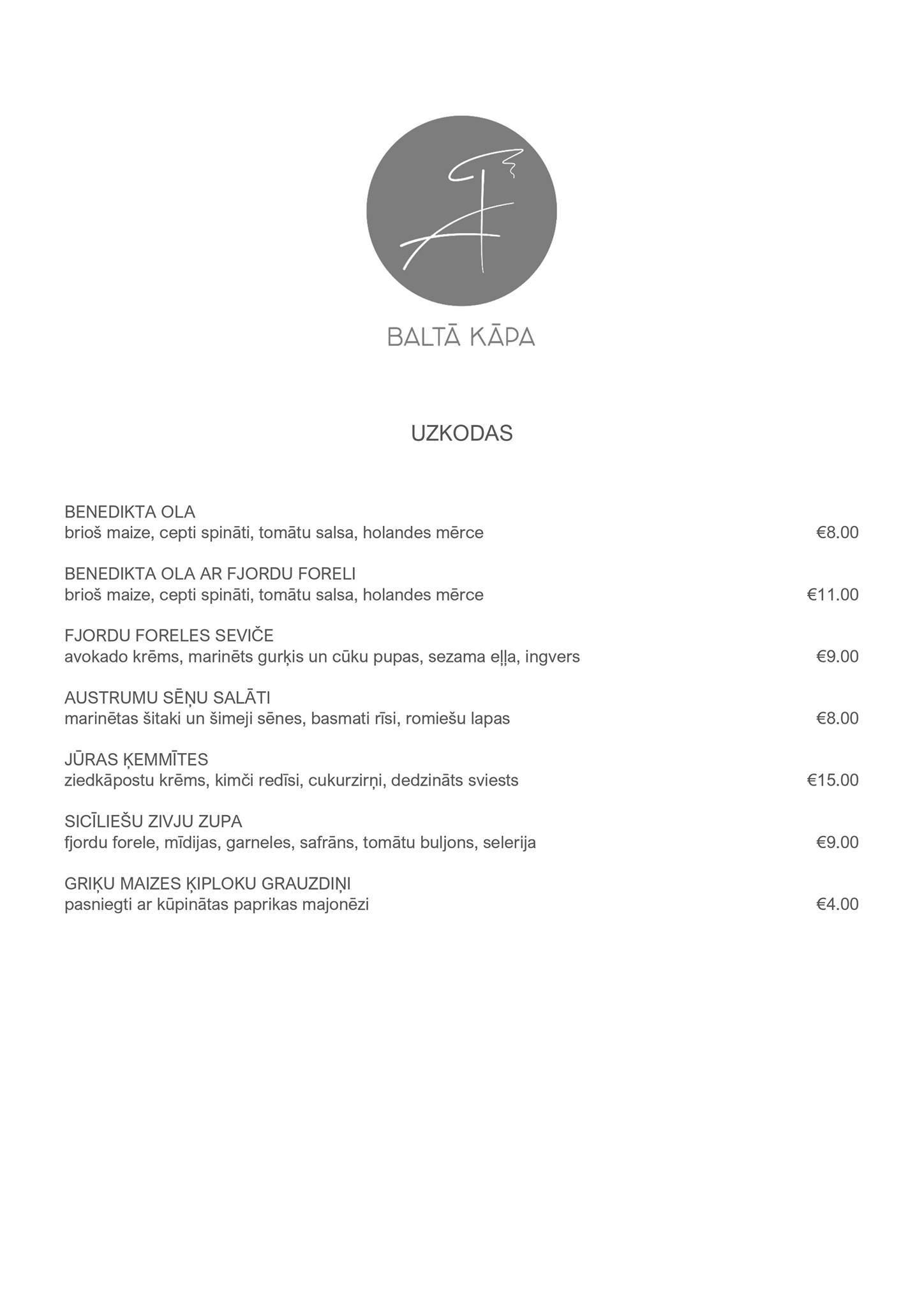 Menu at Restaurant Balta Kapa, Saulkrasti