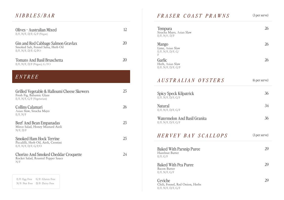 Menu at Banksia Seafood and Grill restaurant, Hervey Bay