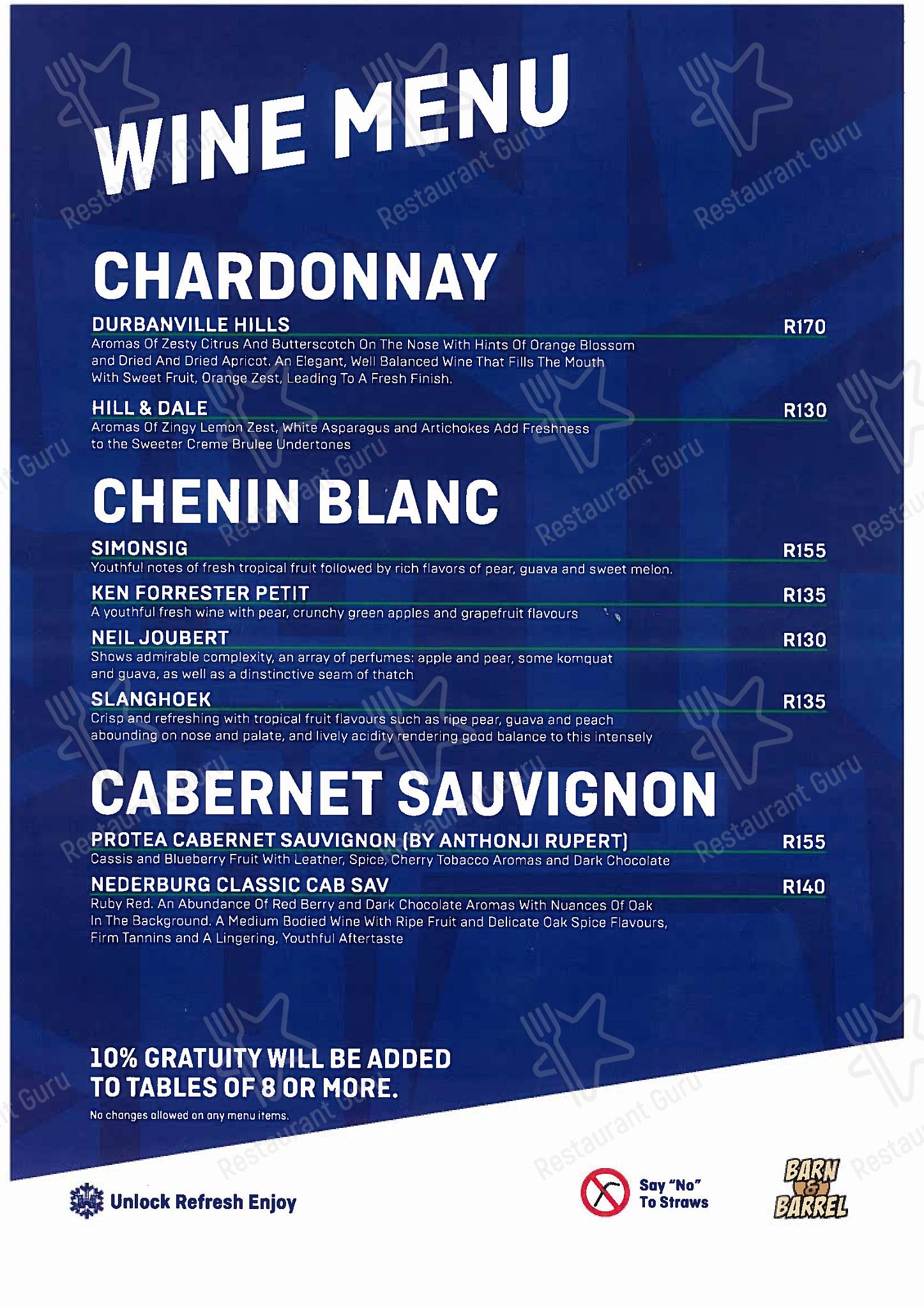 Menu at Barn & Barrel, Port Elizabeth, Kings Court Centre
