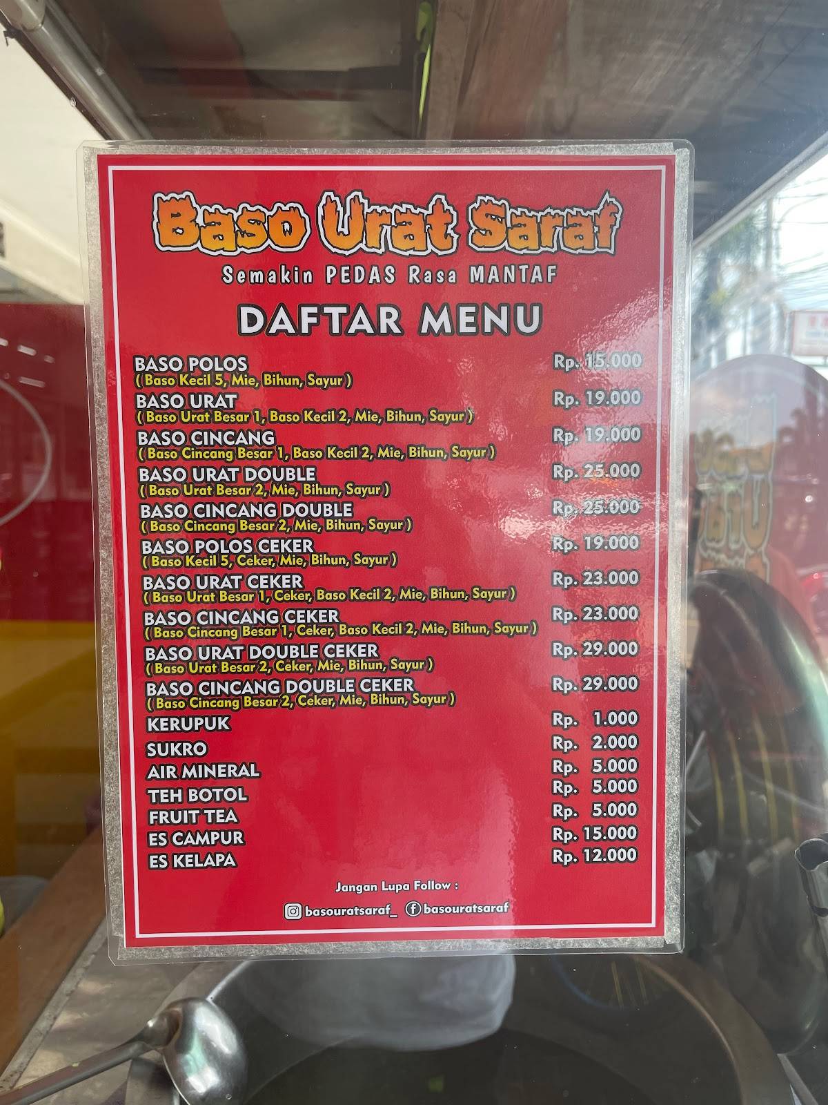 Menu at Baso Urat Saraf Indrayasa restaurant, Bandung