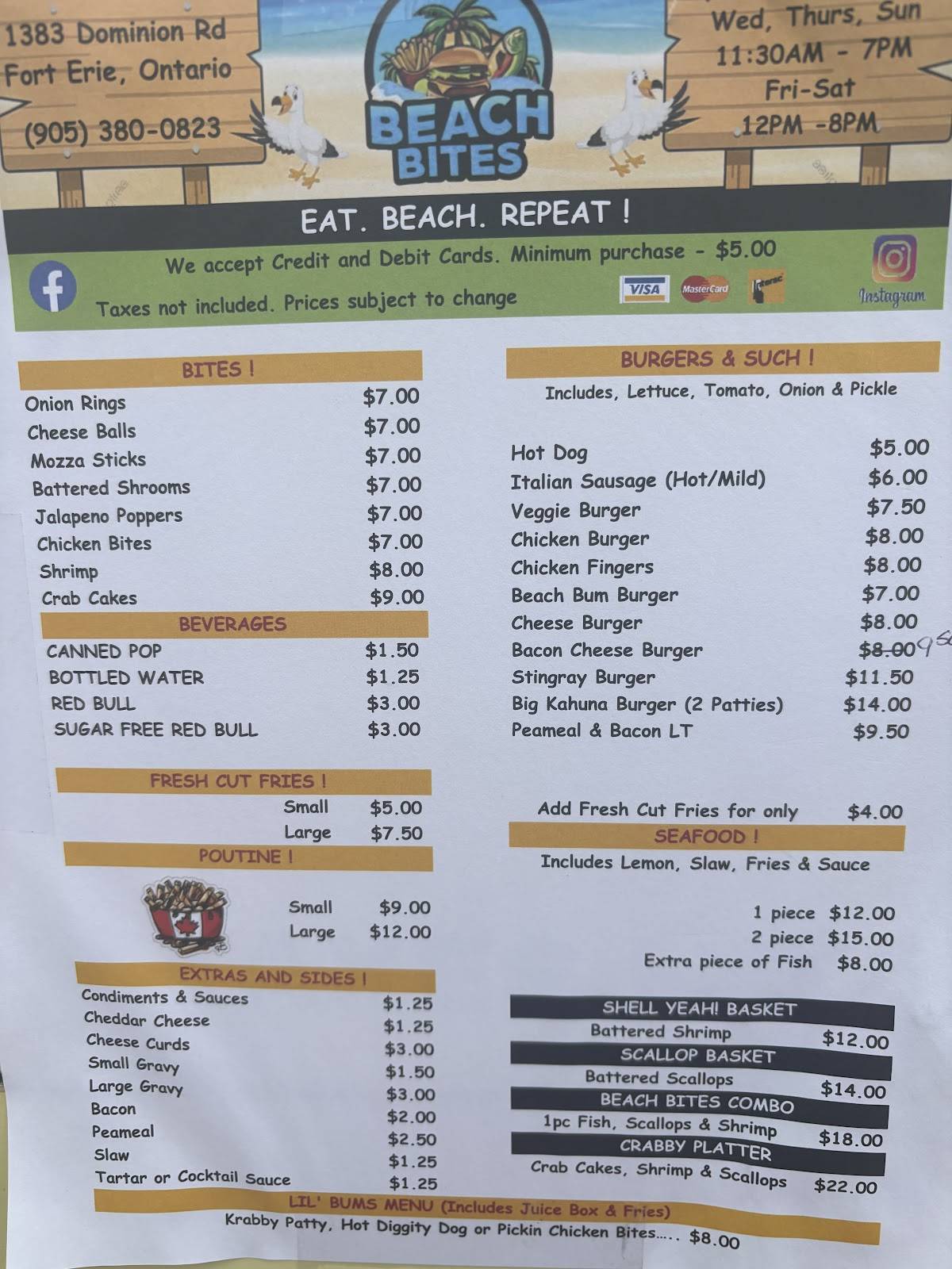 Menu at Beach Bites restaurant, Fort Erie