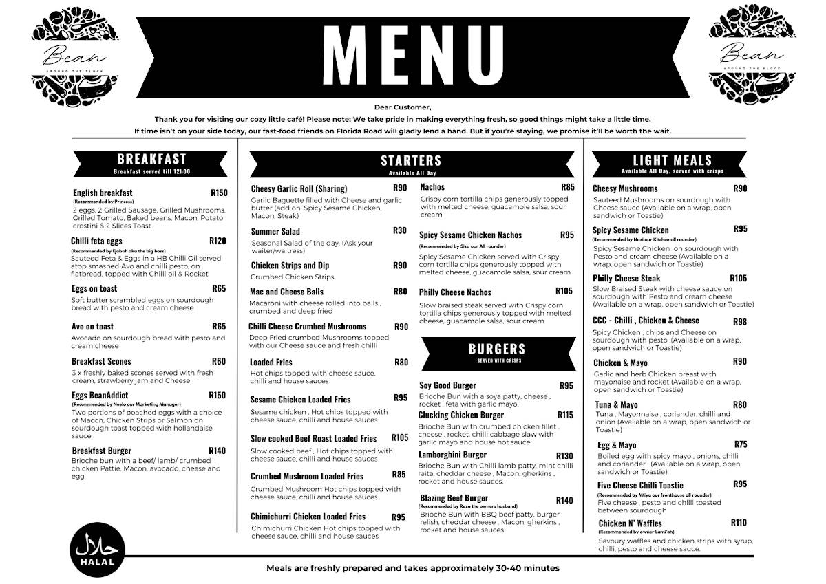 Menu at Bean Around the Block Cafe, Durban
