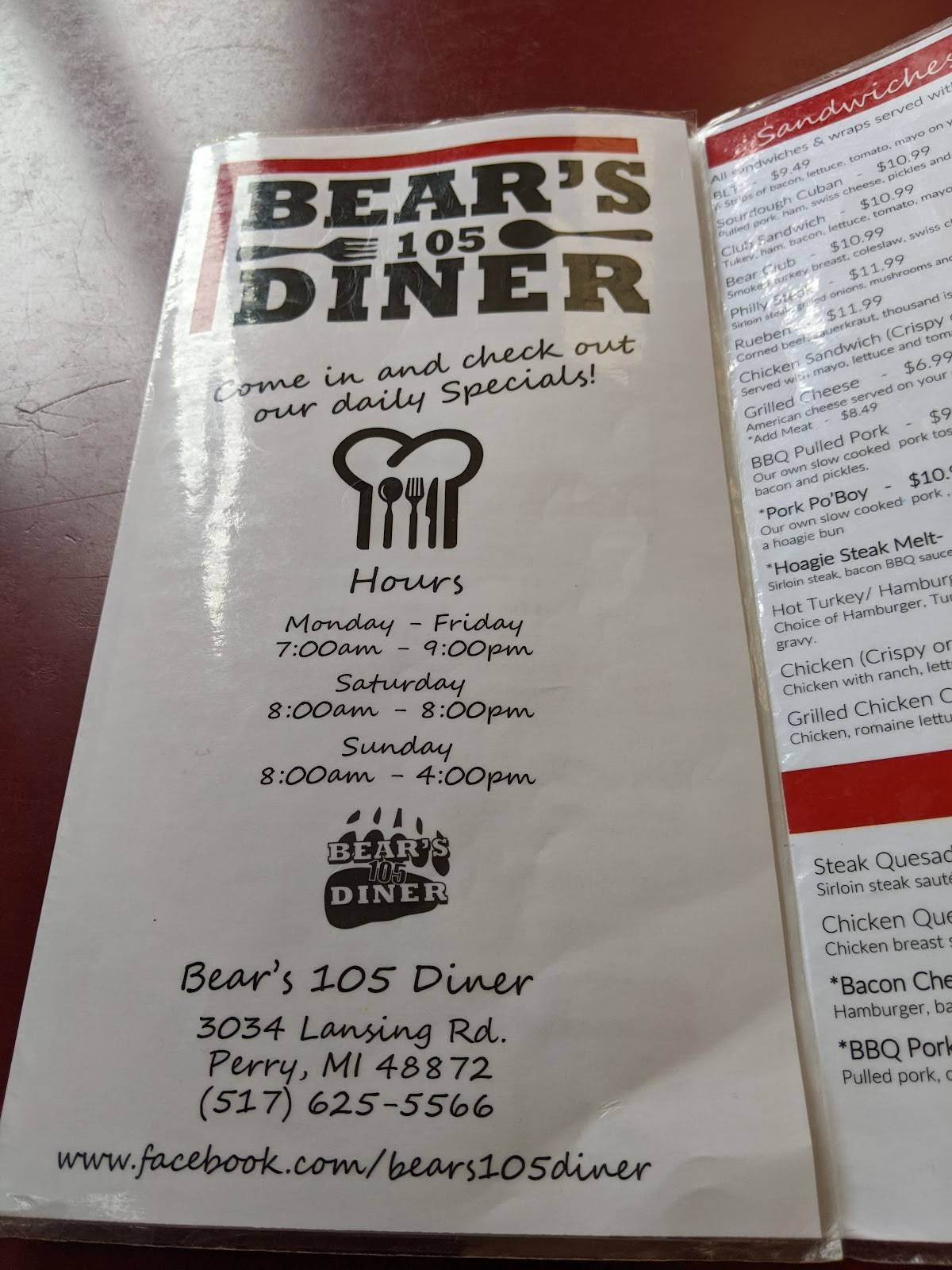 Menu at Bear’s 105 Diner restaurant, Perry