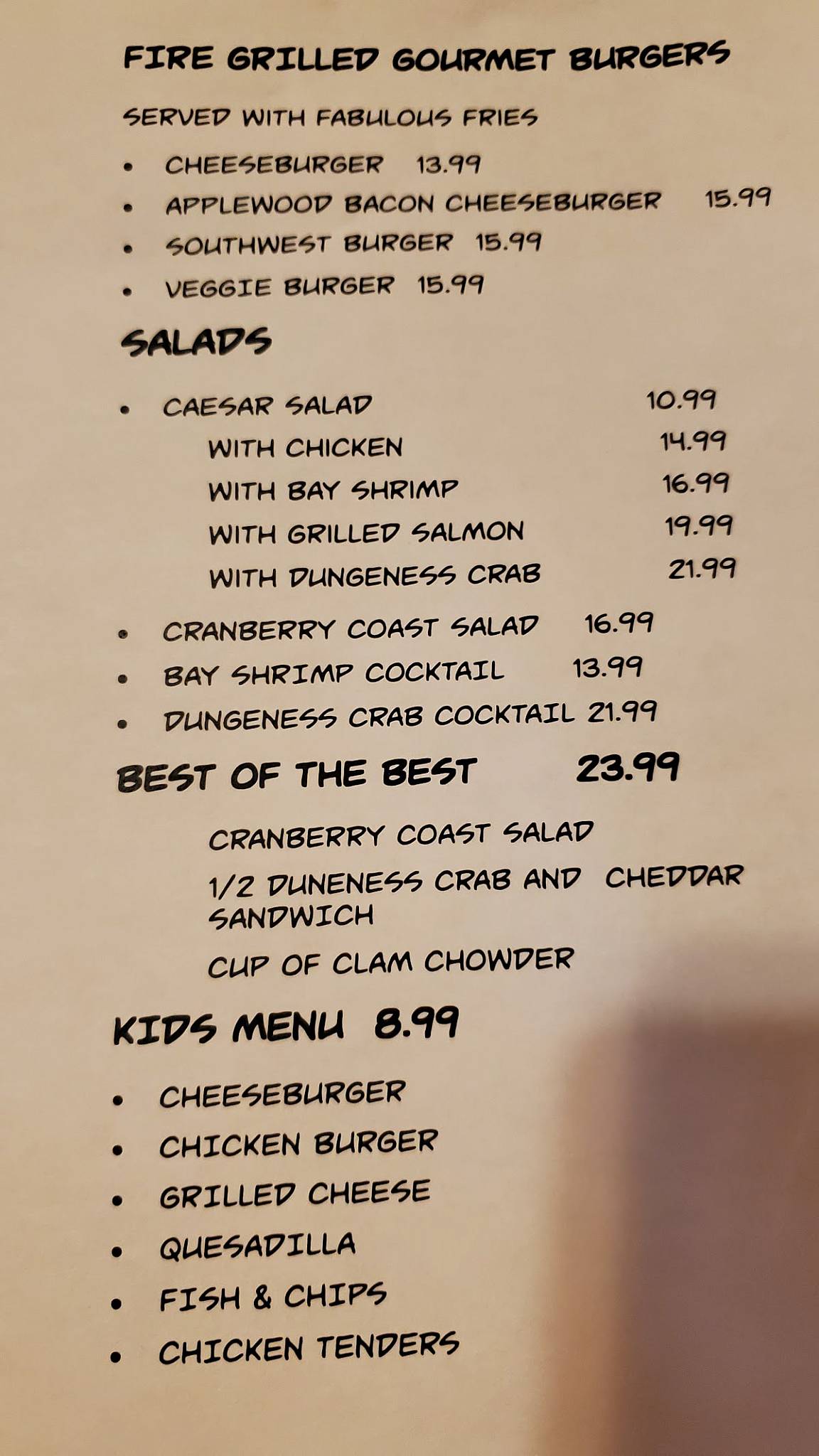 Menu at Bennett's Fish Shack restaurant, Ocean Shores