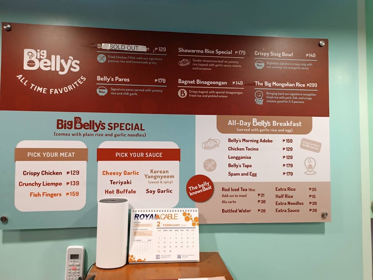 Menu at Big Belly's restaurant, Los Baños