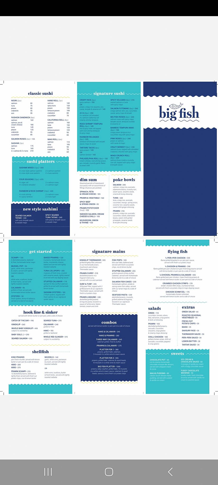 Menu at Big Fish restaurant, Umhlanga