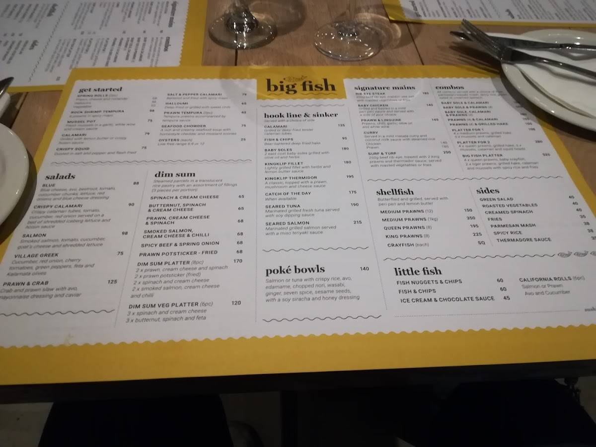 Menu at Big Fish restaurant, Umhlanga